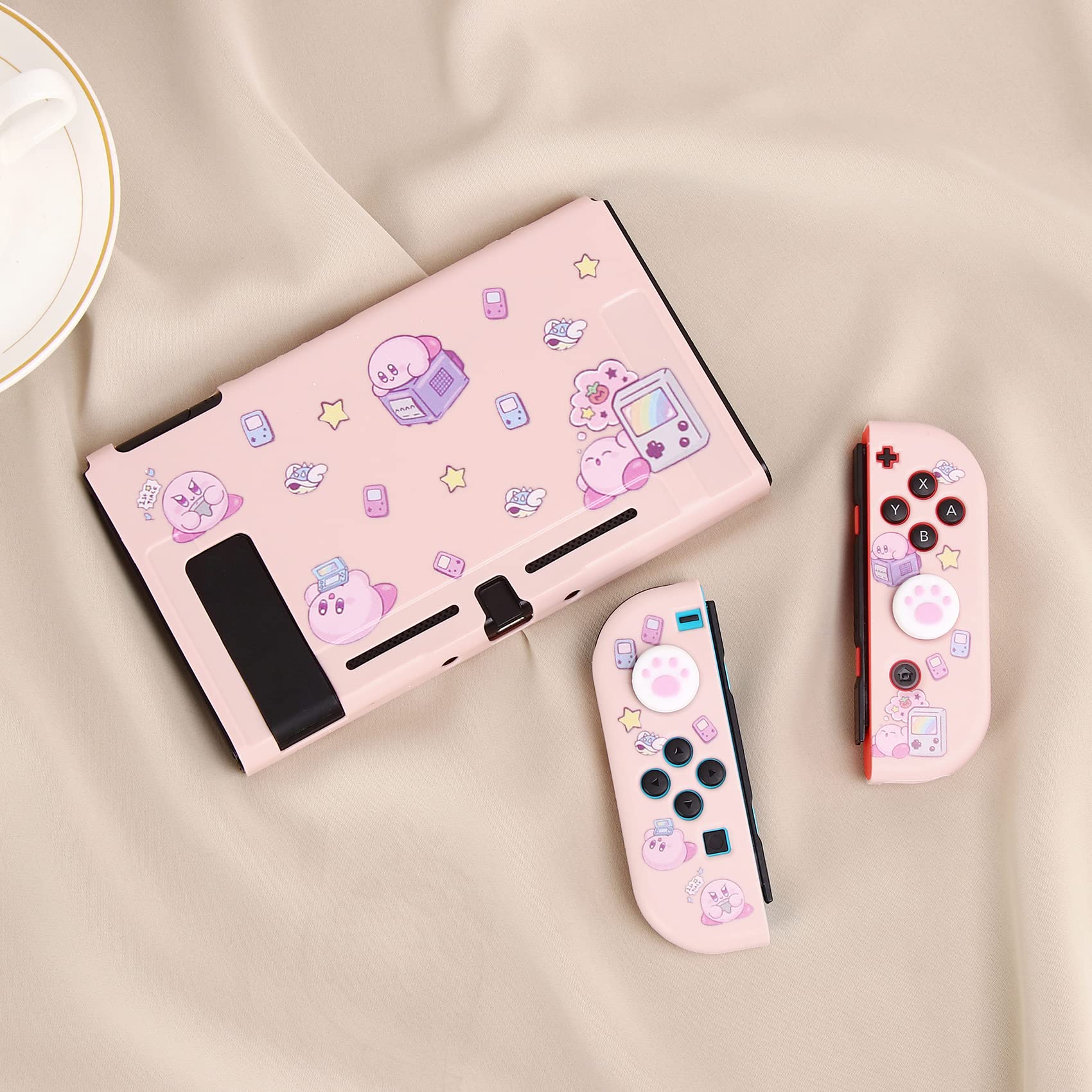ManHaU&hO Protective Case for Switch,Cute Soft TPU Slim Case Cover for NS Console and Joy-Con Controllers,Have 2 Pink white cat claw patternThumb Grips Caps - (Pink Kirby)