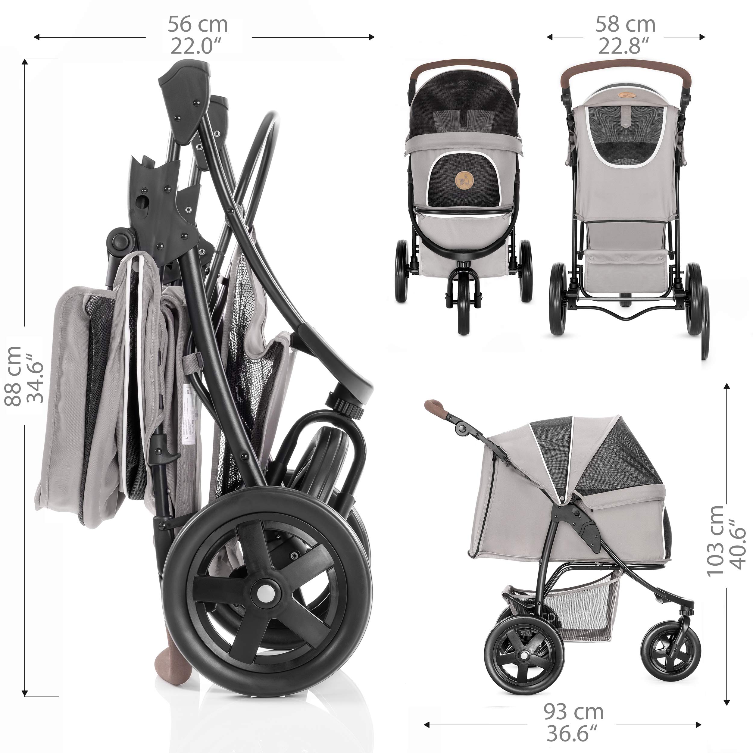 Hauck TOGfit Pet Roadster - Luxury Pet Stroller for Puppy, Senior Dog or Cat | Easy Foldable Three Wheels Travel Pet Jogger max. Loading 70 lb, Mattress Included - Gray