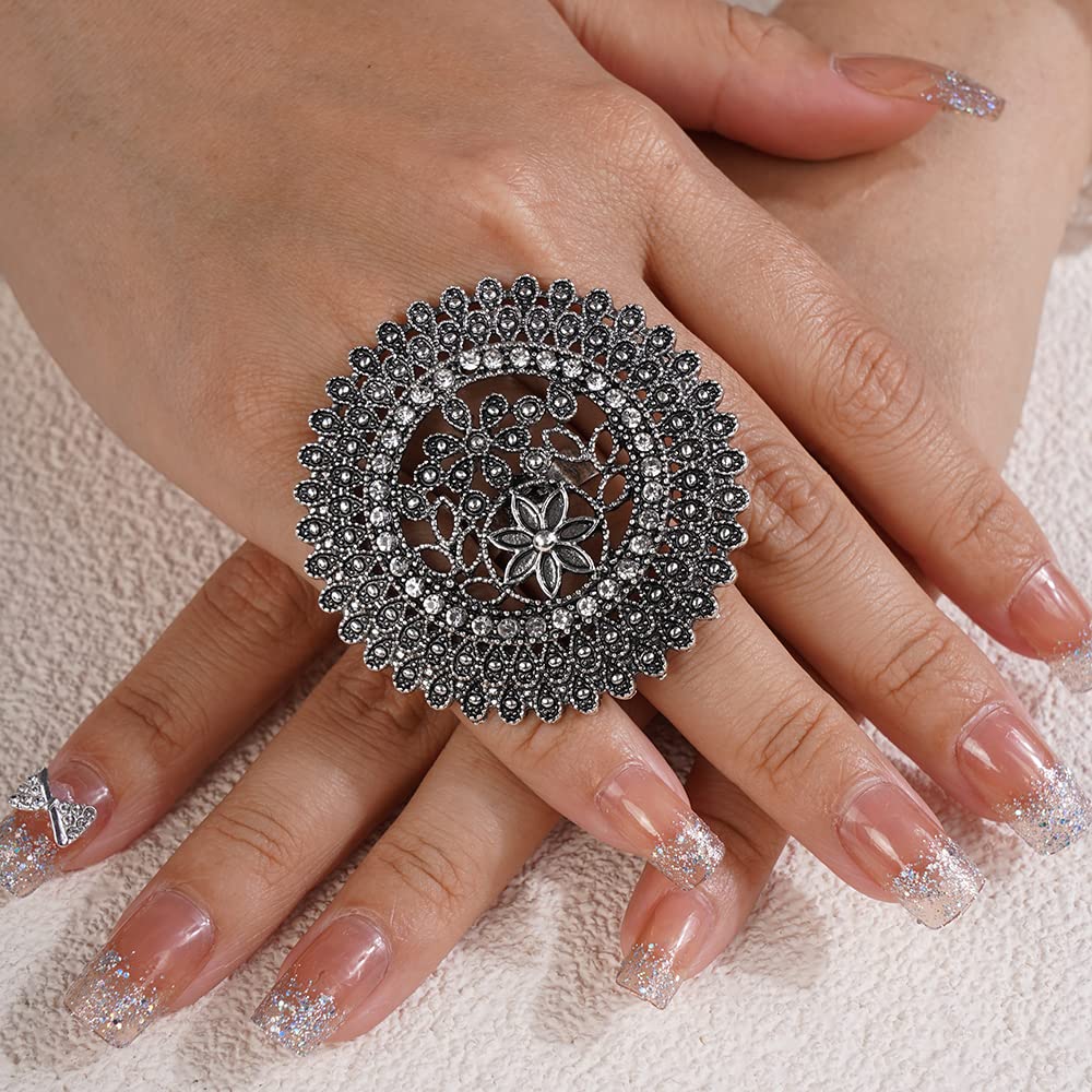 Jumwrit Rhinestone Big Round Ring Open Wrap Ring Vintage Ring with Flower Engraved Statement Ring Adjustable Finger Ring Indian Ring for Women and Girlsļ¼Silverļ¼