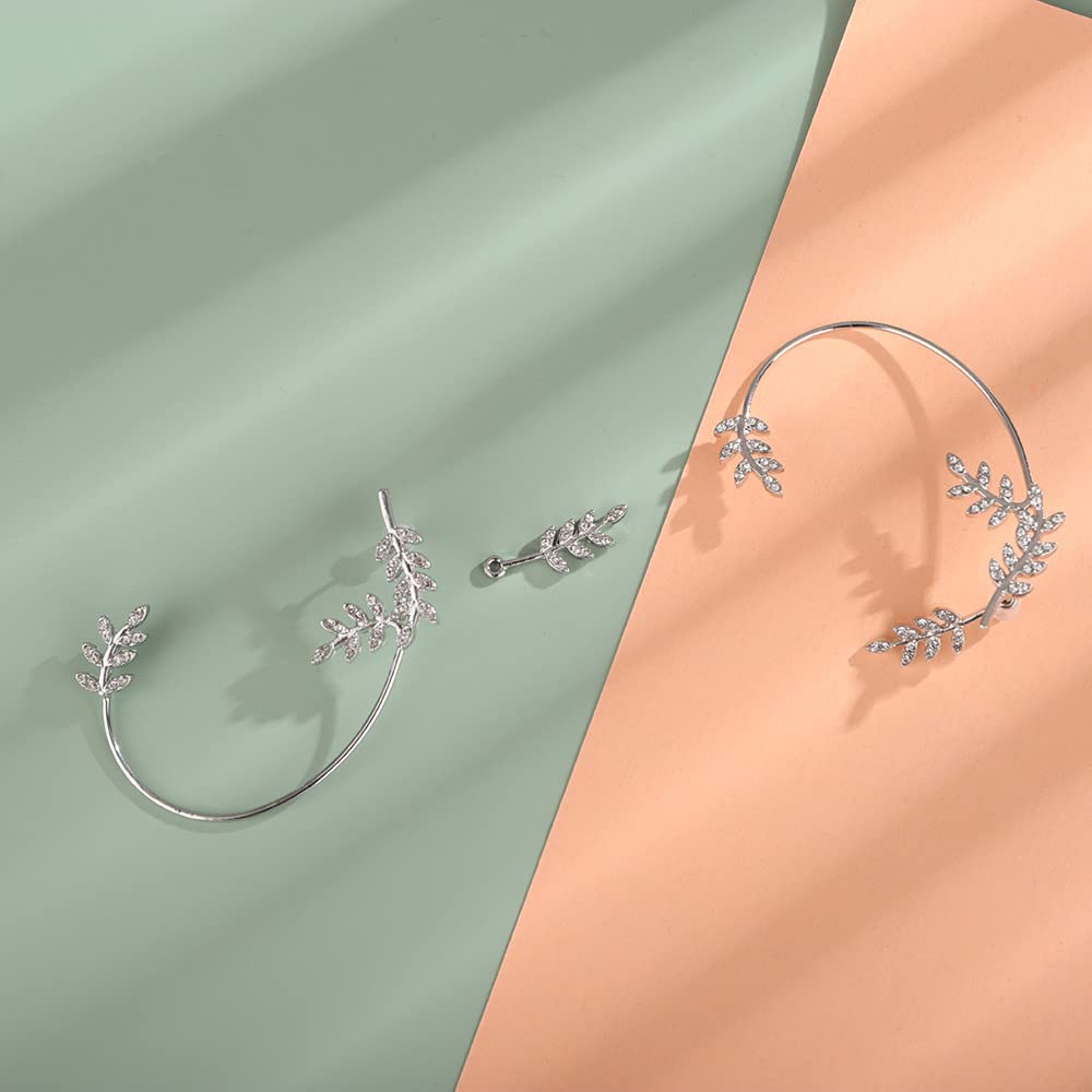 Jumwrit Rhinestone Ear Cuffs Leaf Ear Jacket Climber Crawler Earrings Ear Wrap Earrings Cute Hypoallergenic Stud Earrings for Women Girls(Silver)