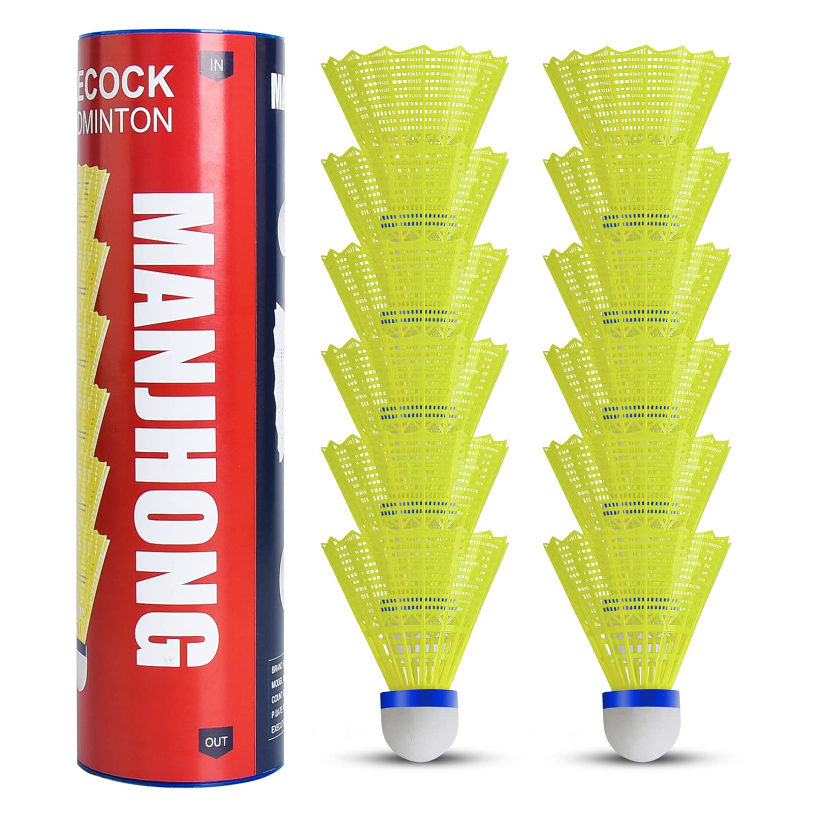 MANJHONG Badminton Shuttlecocks Nylon Feather Shuttles Training Birdies Set for Indoor Outdoor Sports, Yellow 12 Pack