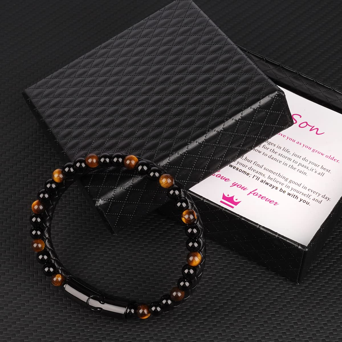 Honaoymd To My Son Braided Leather Bracelet"I Will Always Be With You" Men Double Row Magnetic Closure Personalized Bracelets,Wristband Bracelet,Mens Leather Rope Bracelet Holiday Gift