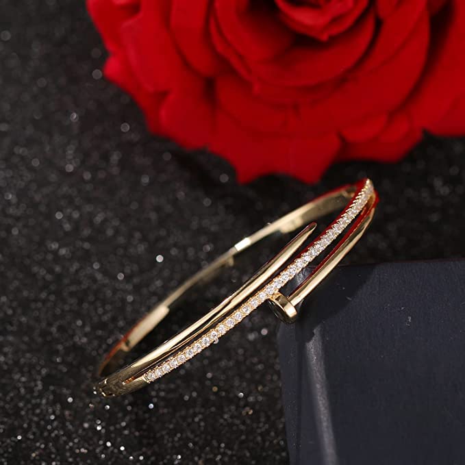 MAELLIS Women's Bangle Bracelet with 18K Gold Plated Bangles, Cut Cubic Zirconia Nail Bracelet
