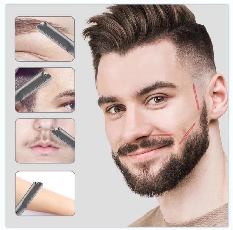 Metal Dermaplane Razor, Eyebrow Hair Trimmer with Replacement Blade for Men and Women, Reusable Single Edge Facial Trimmer for Shaving Mustache, Lip Up (Black,10 Refill)