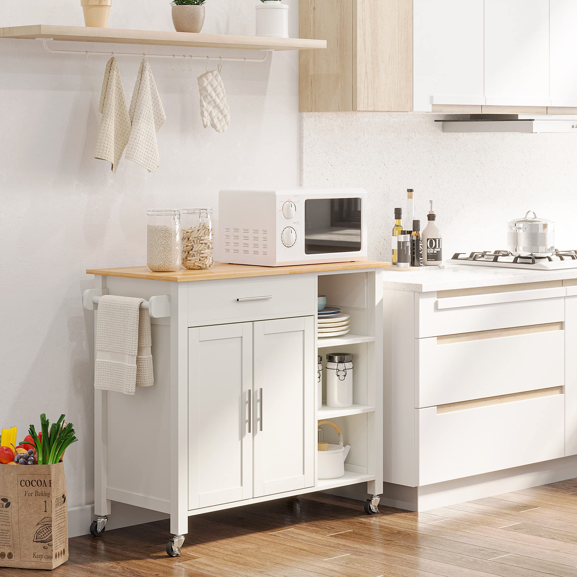 HOMCOM Wooden Rolling Kitchen Island on Wheels, Kitchen Cart with Drawer for Dining Room, White