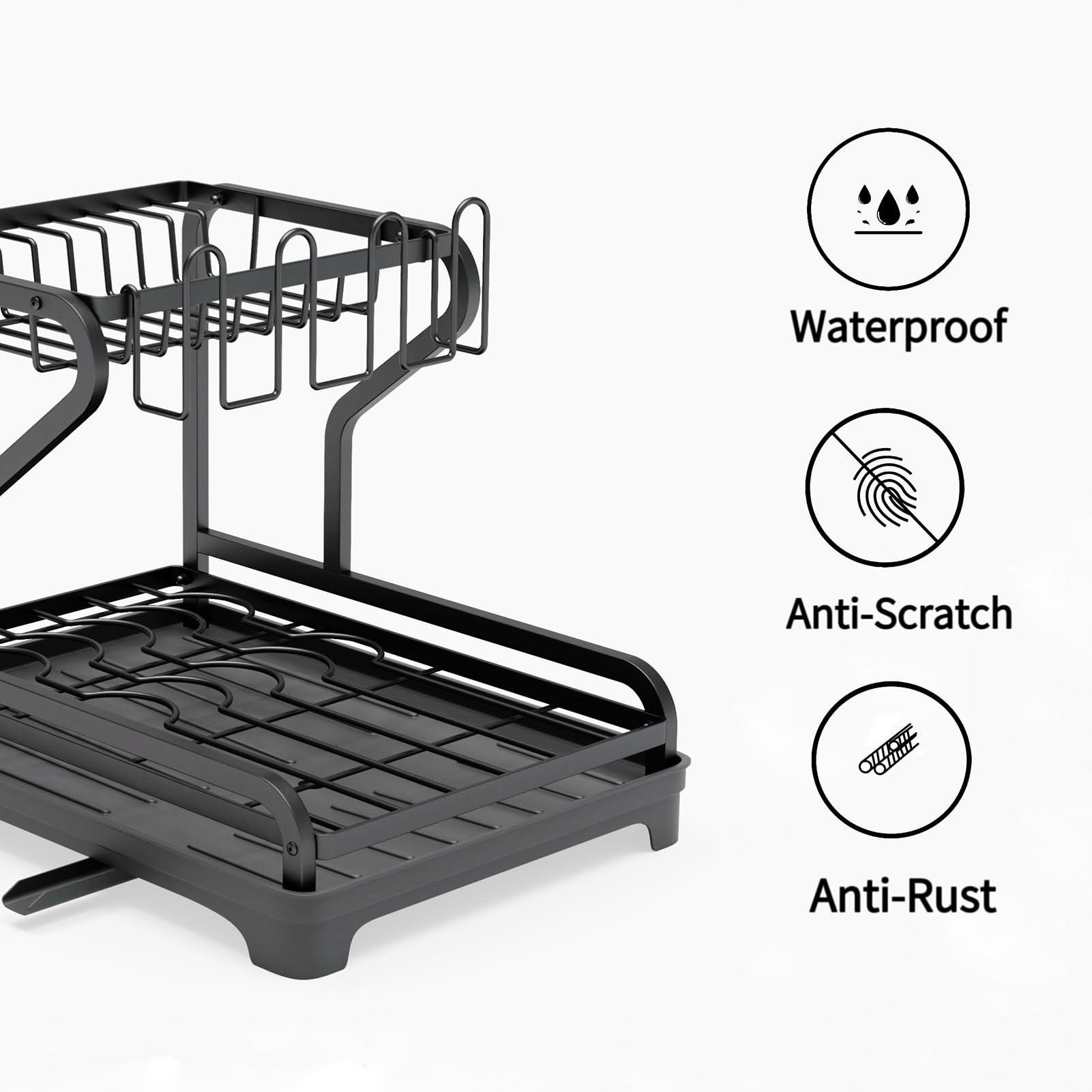 HORIAMIT Dish Drying Rack for Countertop, Large 2-Tier Rustproof Dish Rack with Drainboard, Glass Holder, Utensil Holder