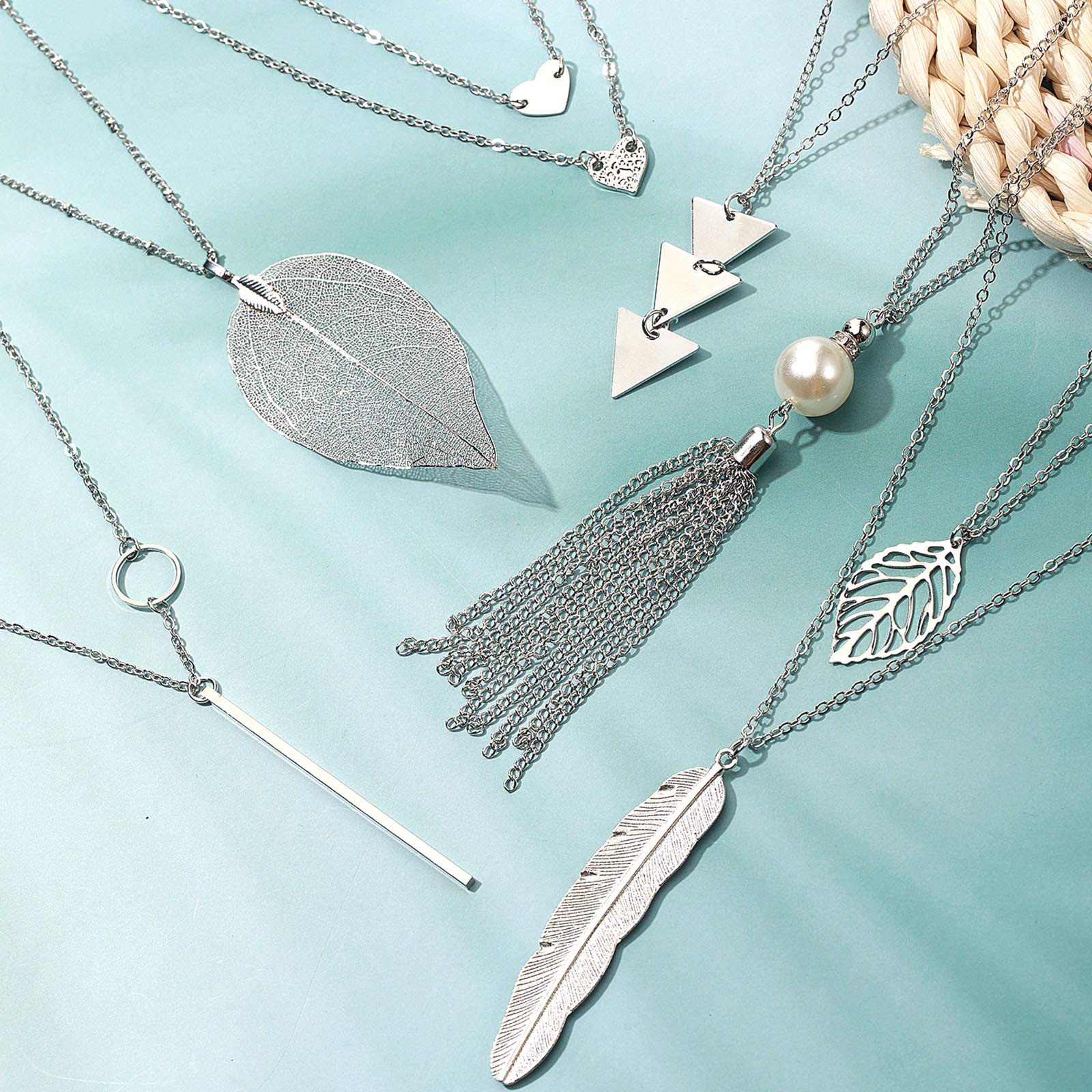 Hicarer 12 Pieces Long Pendant Necklace Y Tassel Leaf Necklace Set Assorted Layer Pendants for Women (Chic Style)