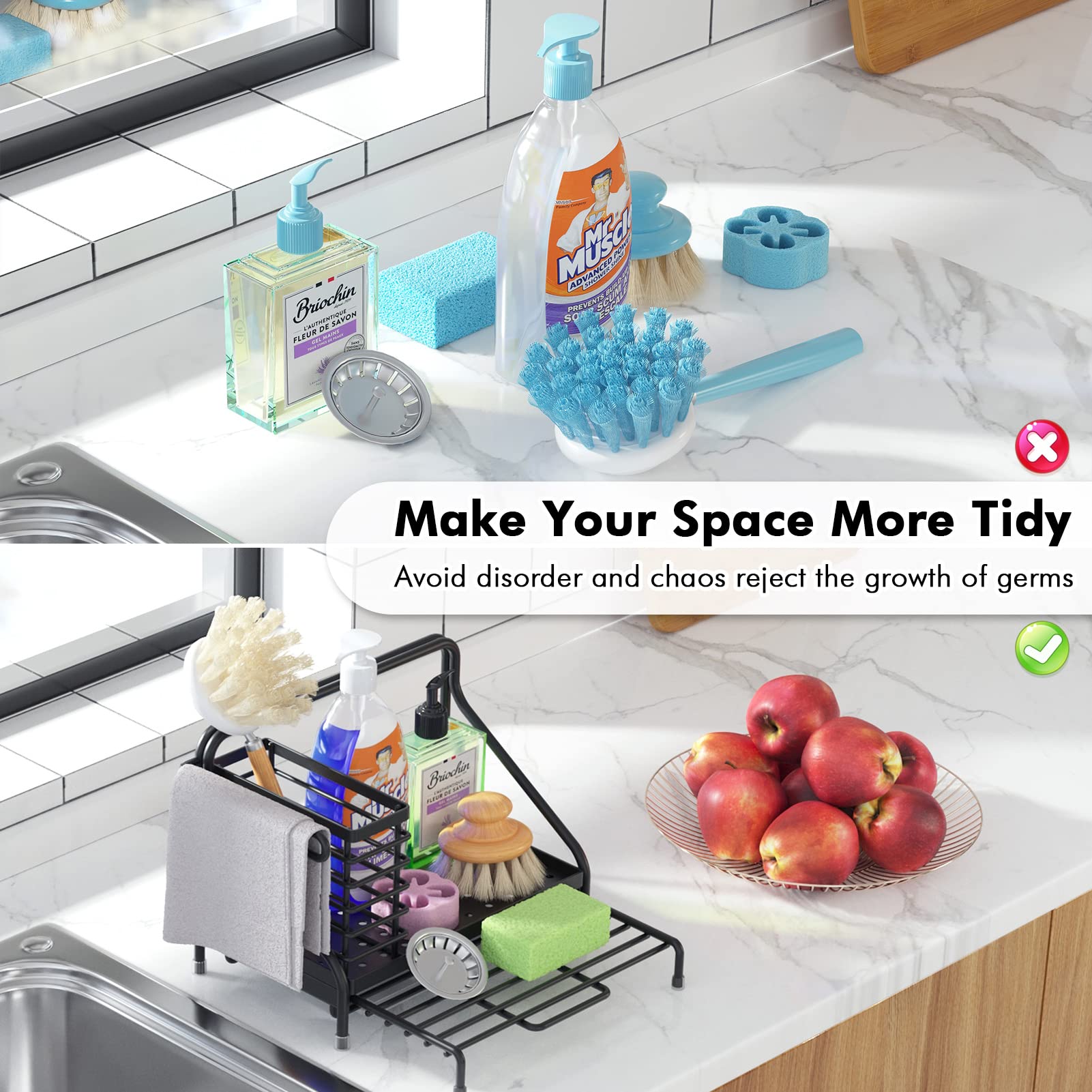 Livod Sink Caddy,Kitchen Sink Caddy Sponge Holder with Drain Tray, Stainless Steel Rustproof Dish Brush Caddy Kitchen Sink Organizer for Countertop,(Black)