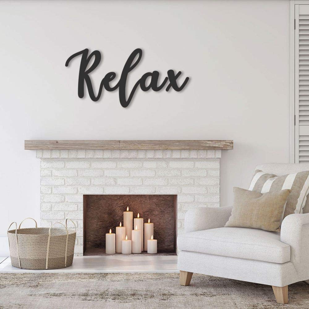 Horizontal Handmade Relax Sign Metal Word Home Mindfulness Wall Art Steel Cursive Decor Indoor Doors Yoga Spa Studio Inspirational Gift Hanging Retro Decorations Bobbie Jo Designs