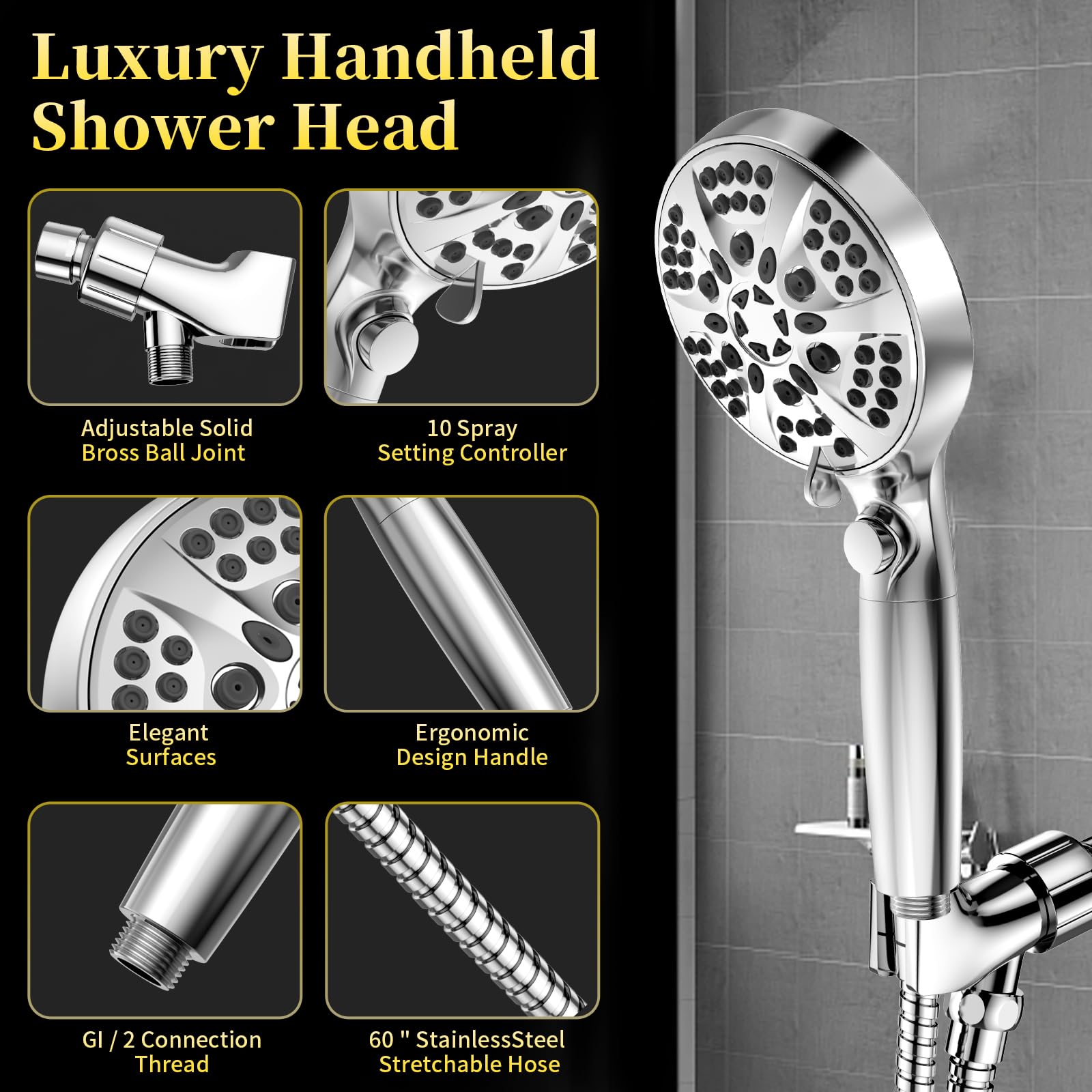 High Pressure 10-mode Handheld Shower Head Set with 60" Hose, ROOSSI Detachable Filter Shower Head with ON/OFF Pause Switch Built-in 2-Mode Tub & Tile Power Wash (Chrome)