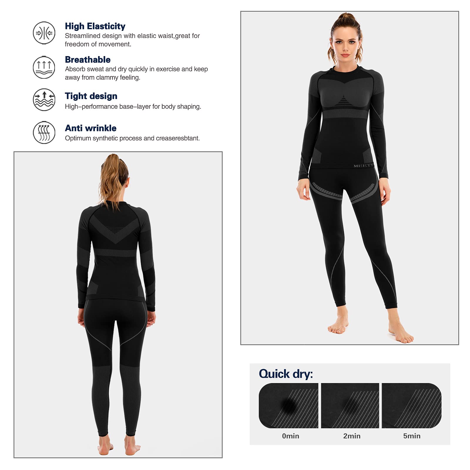 MEETYOO Women's Thermal Sets Winter Warm Base Layer Sport Long Top Bottom Cold Weather Gear Skiing Running Underwear, Gray, Small