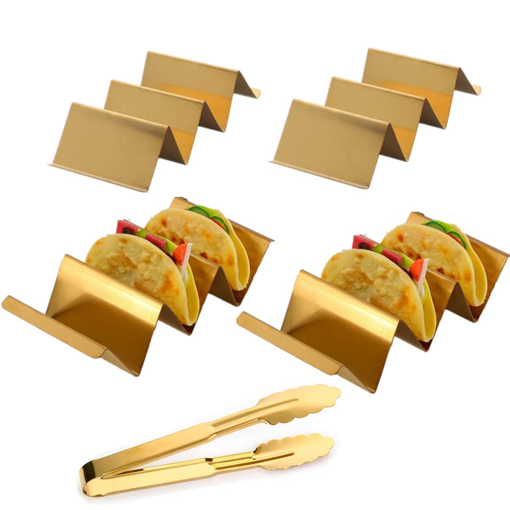 JYJFGSFA 4 Pcs Gold Taco Holders Set with 1 Food Tong, Stainless Steel Taco Stand with Handles for Party, Holds Up to 3 Tacos Each, Dishwasher Oven safe