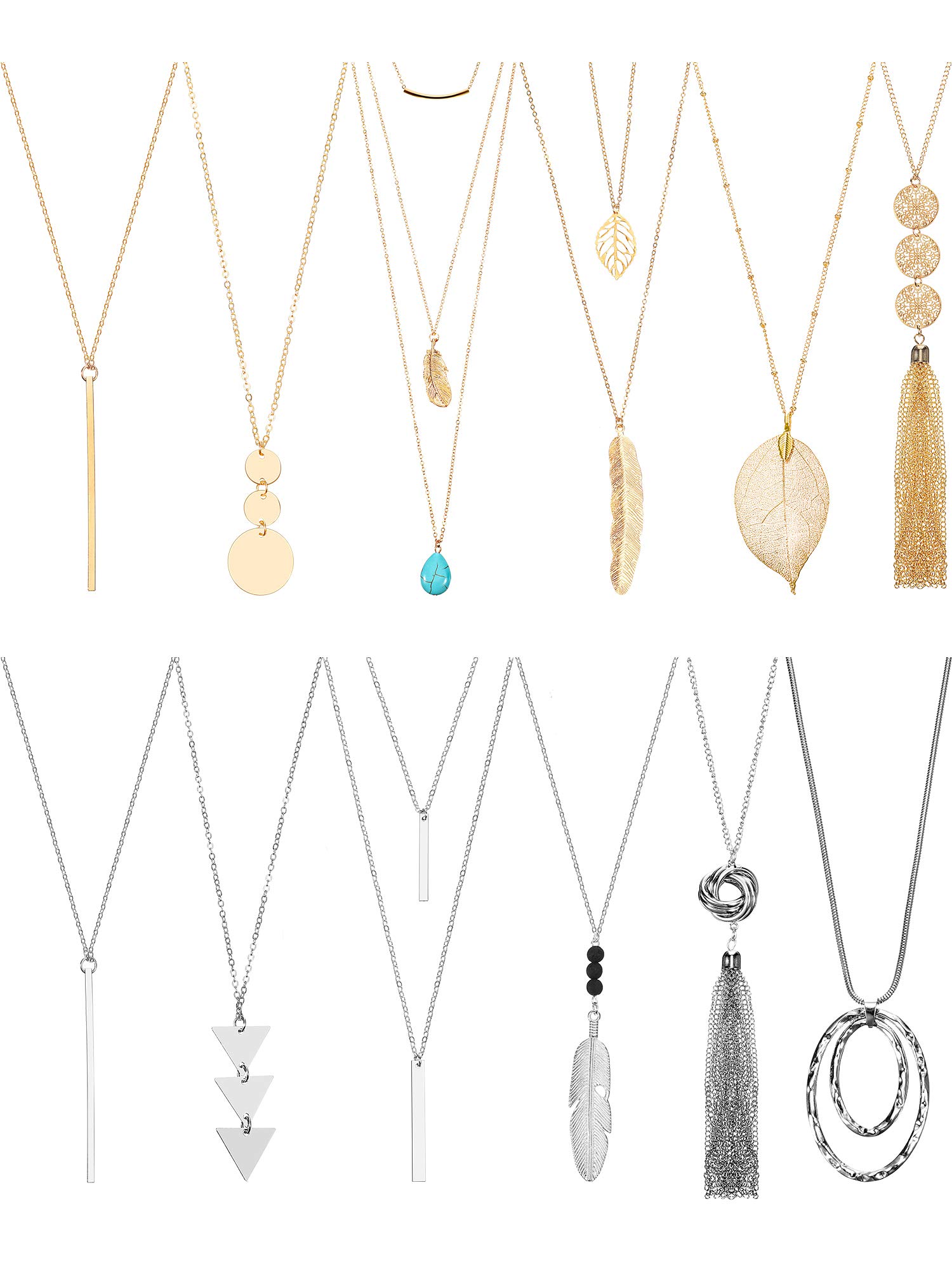 Hicarer 12 Pieces Long Pendant Necklace Set Y Tassel Leaf Circle Bar Necklace for Women (Classic Style)
