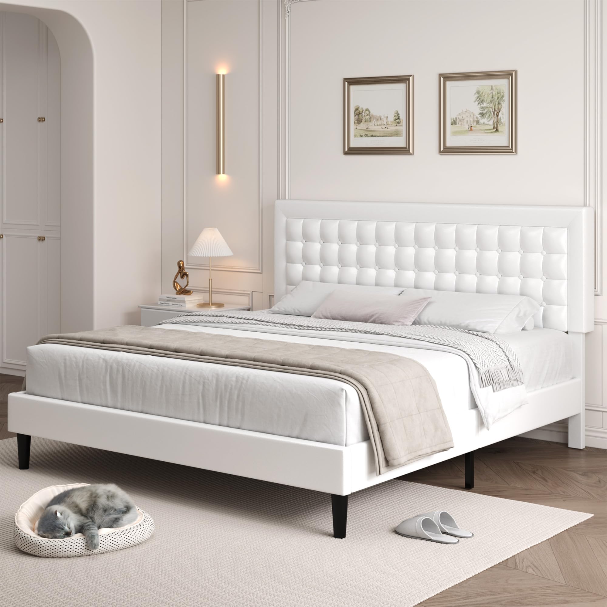 HIFIT Full Size Bed Frame, Full Modern PU Leather Upholstered Platform Bed with Button Tufted Adjustable Headboard and Solid Wood Slats Foundation, No Box Spring Needed, No Noise, Easy Assembly, White