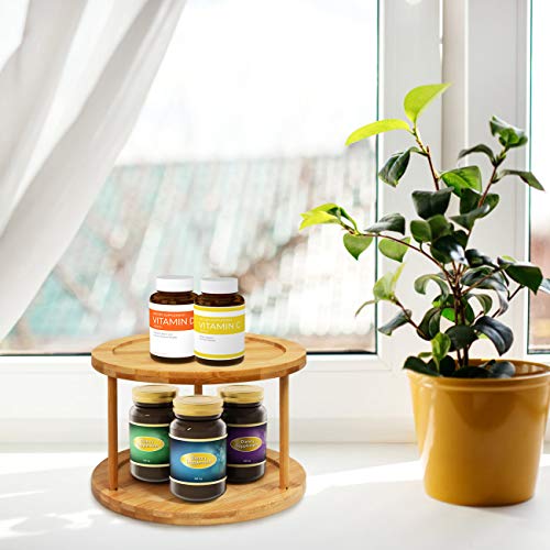 Lazy Susan Turntable Spice Rack - 10 Inch 2-Tier Bamboo Kitchen Countertop Cabinet Rotating Condiments Organizer