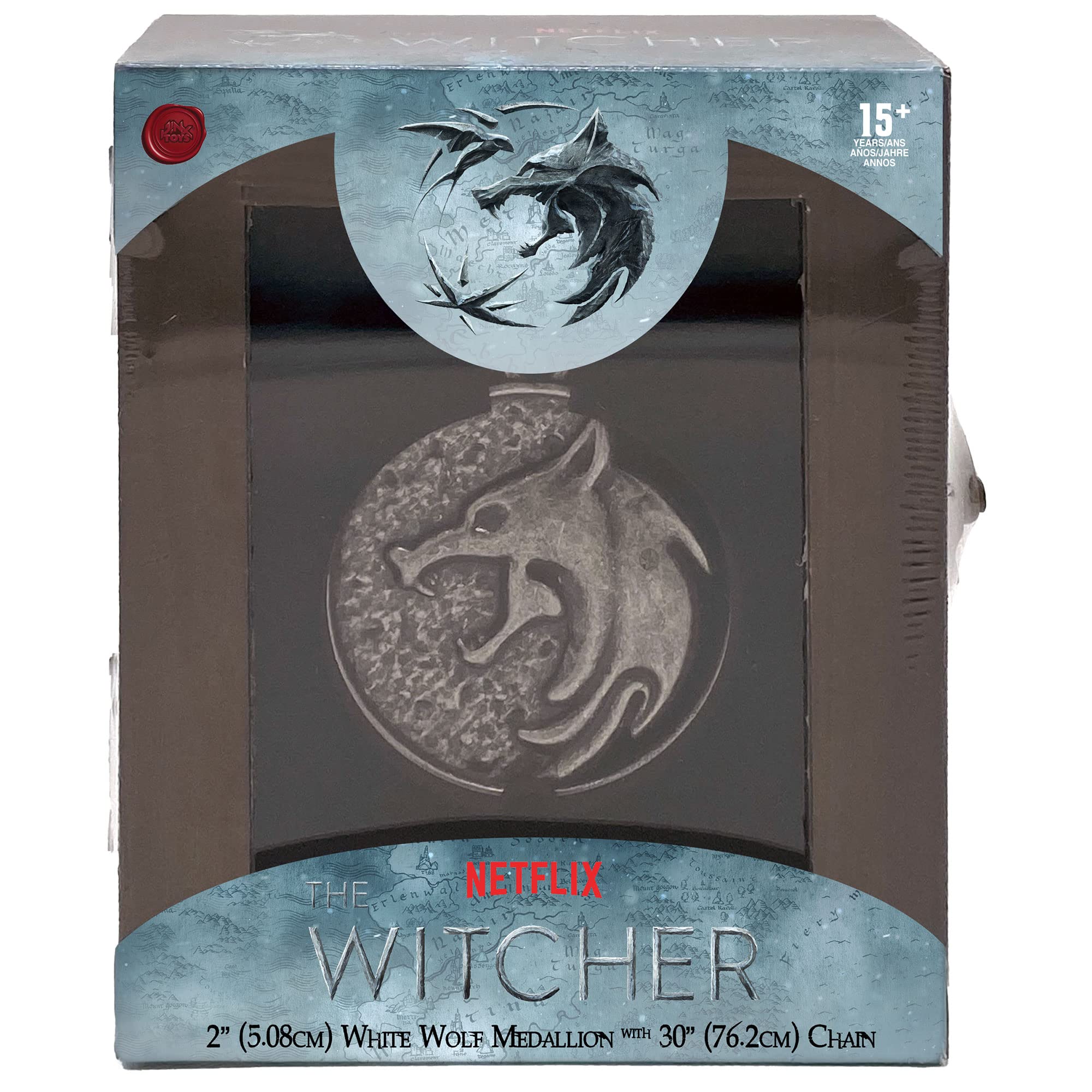JINX Netflix's The Witcher White Wolf Medallion Necklace + Wooden Collector Box, Authenic Show Replica