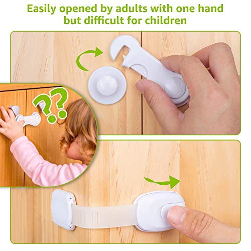 HEELALBABY Child Safety Cabinet Locks (12 Pack) Adjustable Baby Proof Drawer Locks with Extra Adhesives Kid Multi-Purpose Straps Locks for Drawer, Cabinets, Refrigerators, Oven, Toilet Seat