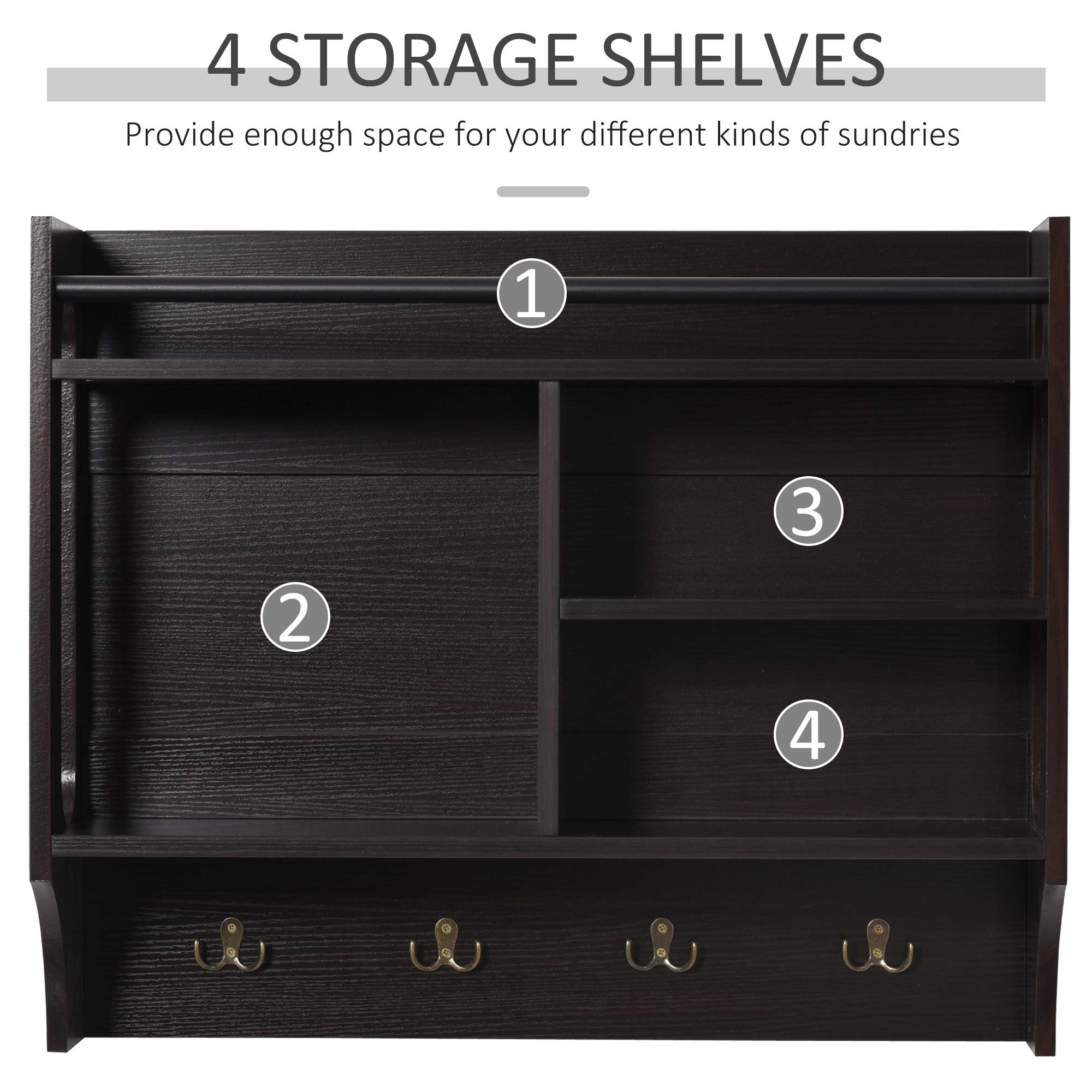HOMCOM Wall-Mounted Floating Storage Shelf with 4 Storage Units and 4 Dual Hooks, Espresso