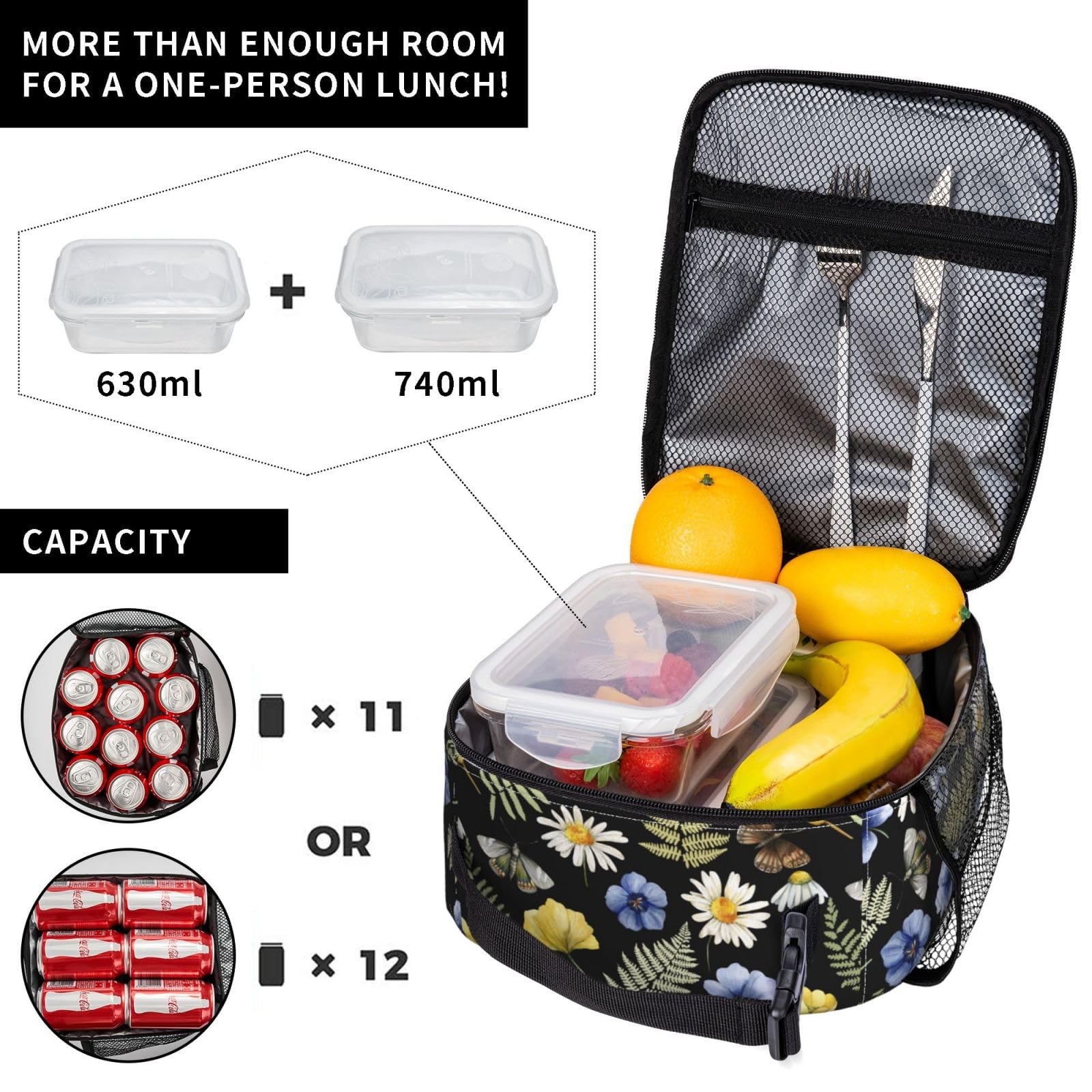 Greatreme Wildflower Lunch Bag For Men Women, Reusable Insulated Lunch Bag Portable Lunch Tote