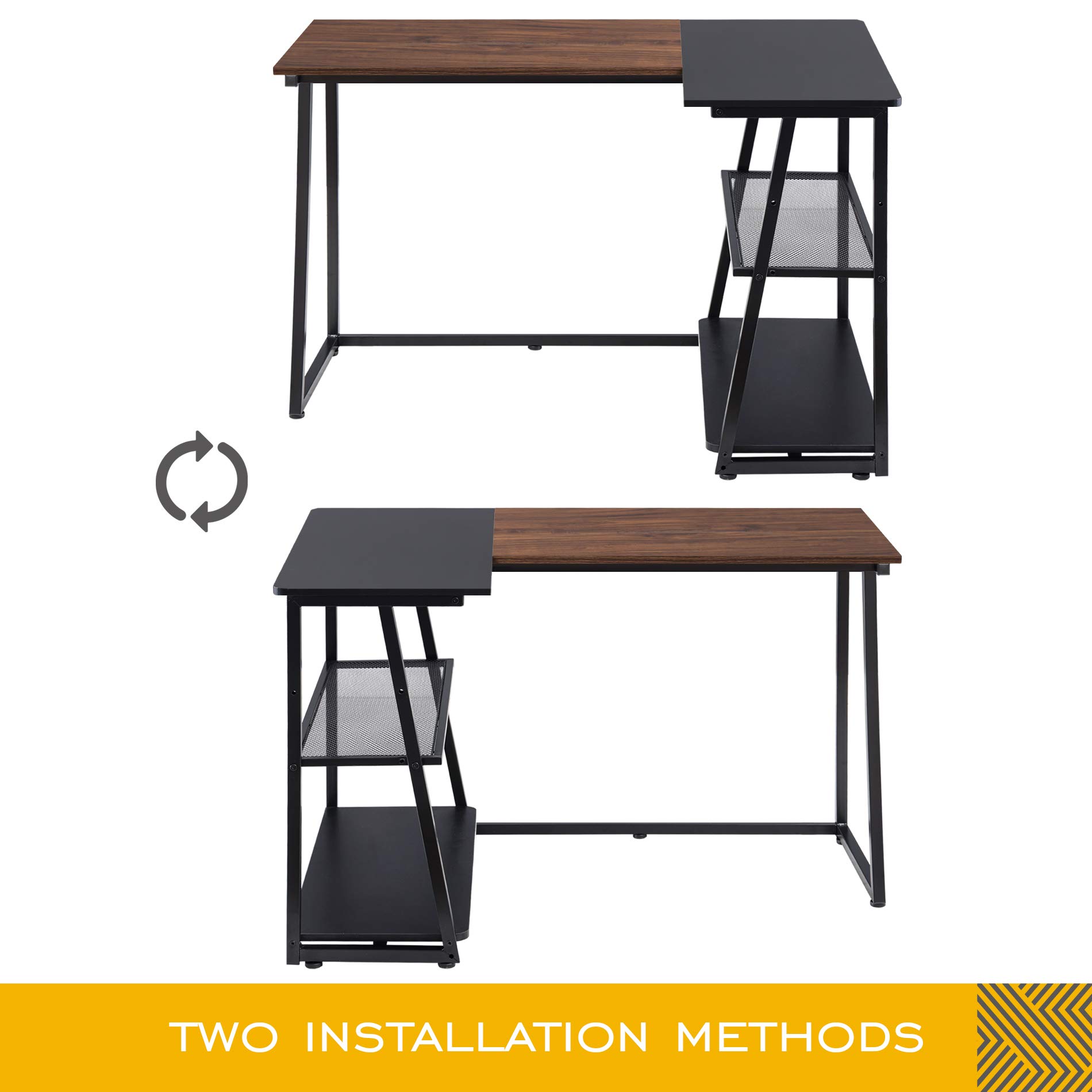 HOMOOI Small L-Shaped Desk with Storage Shelves, 47.2 Reversible Corner Writing Table for Home Office, Rustic Brown and Black