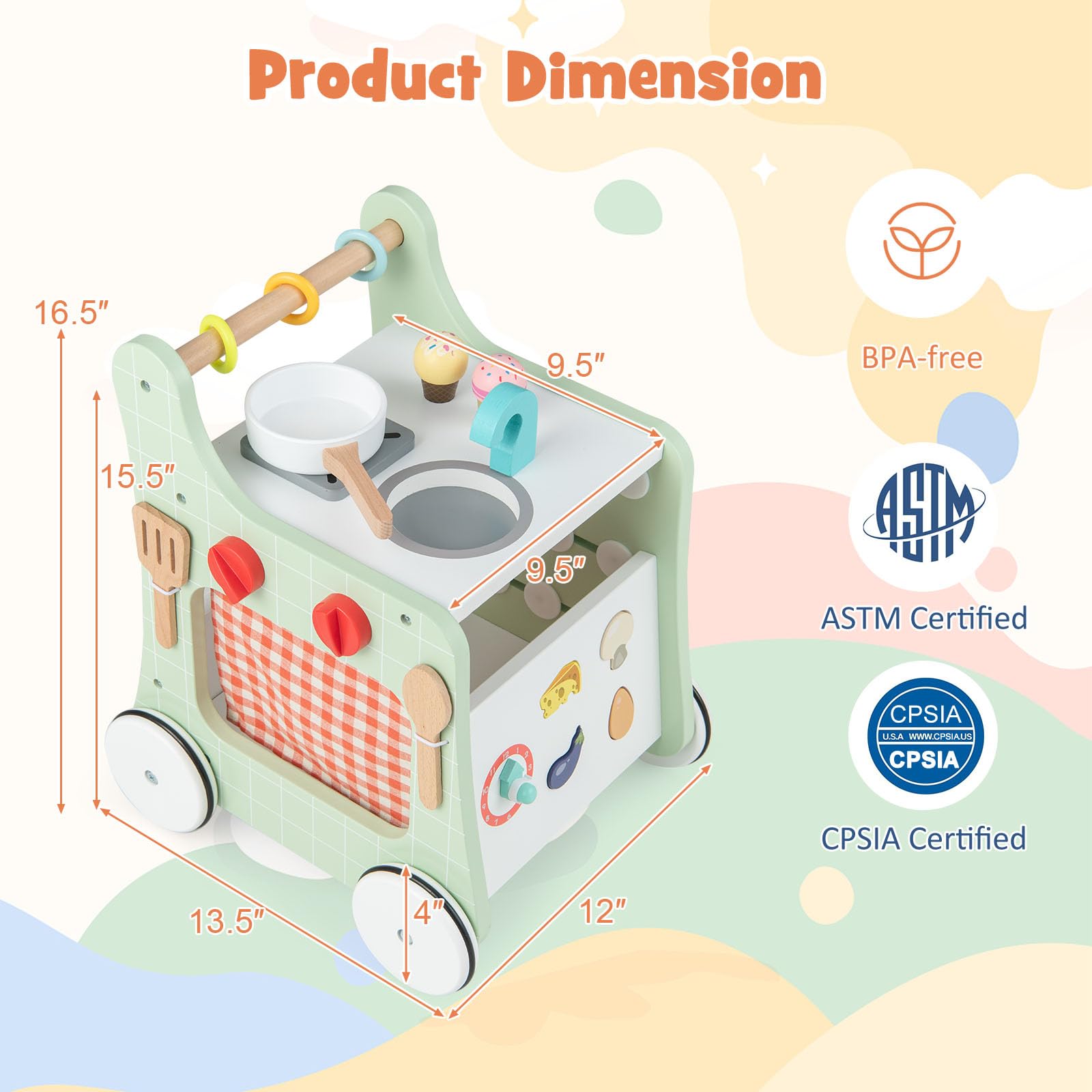 HONEY JOY Baby Push Walker, 6-in-1 Wooden Play Kitchen Walker Activity Center w/Shape Sorter, Develop Motor Skills & Creativity, Push Toys for Babies Learning to Walk, Gift for Boys and Girls