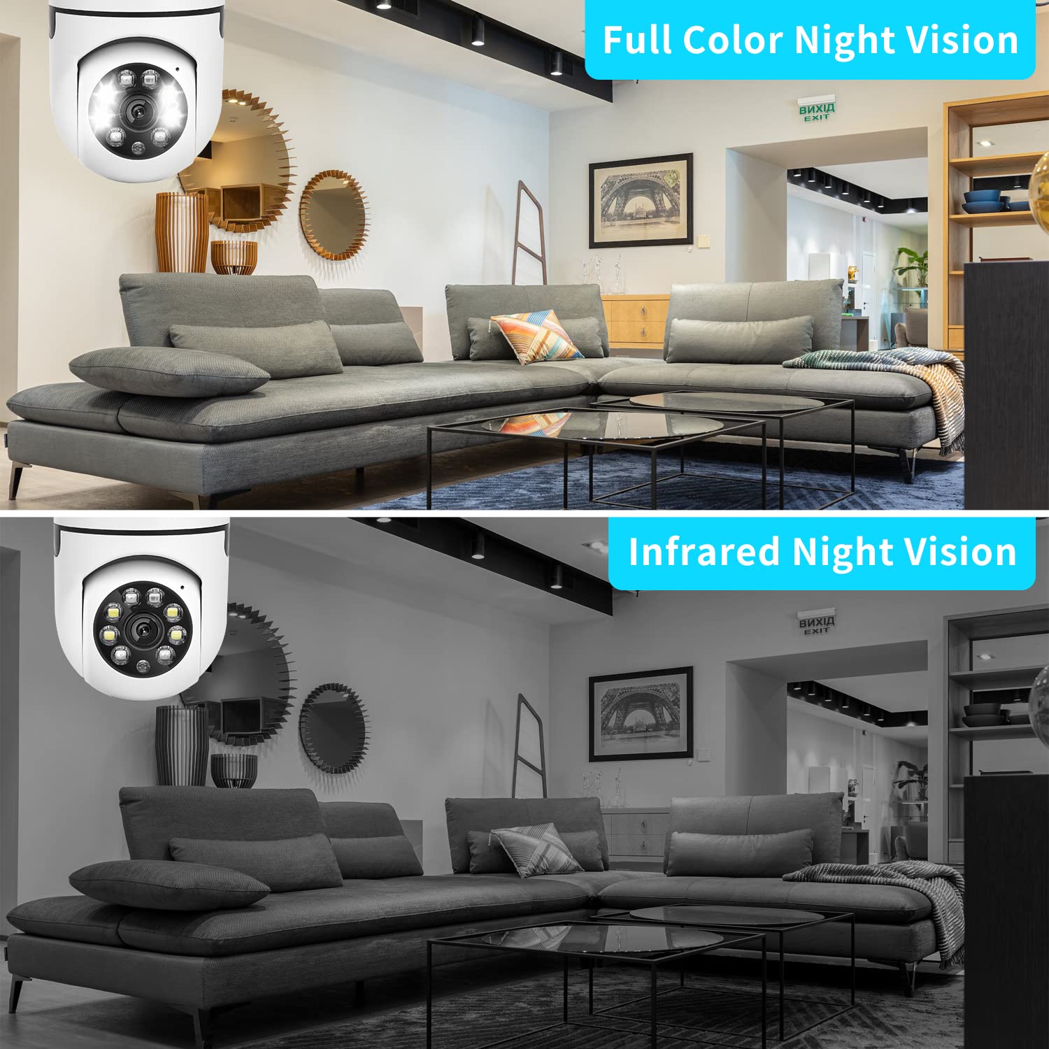 HnKeyjx 1080P HD Light Bulb Security Camera, Light Bulb Cameras Wireless Indoor, 2-Ways Audio, Color Night Vision, PTZ to Provide You with a Wider View,Mobile app Lication Compatible with Alexa.