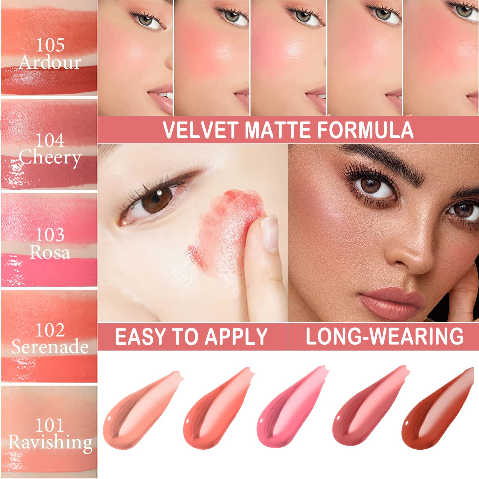 Makeup Liquid Blush Beauty Wand, Soft Cream Blush Stick for Cheeks & Lips with Cushion Applicator, Natural-looking Cheek Tint Blush Dewy Finish, Long-wearing, Weightless Easily Blendable Blush Liquid (103 Rosa)
