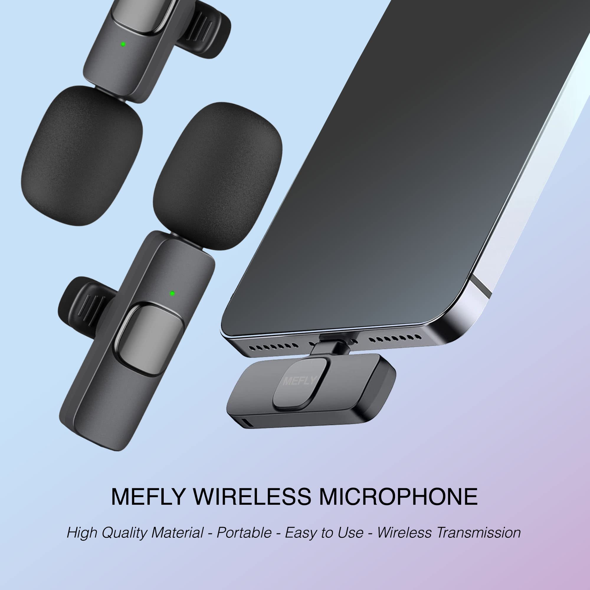 MEFLY Wireless Microphone for iPhone - 2 PCS, Plug & Play, Lavalier Lapel Microphone with Noise Reduction, 5H Long Working Time, 2.4G Ultra-Low Delay, Up to 65ft Indoor/Outdoor Range