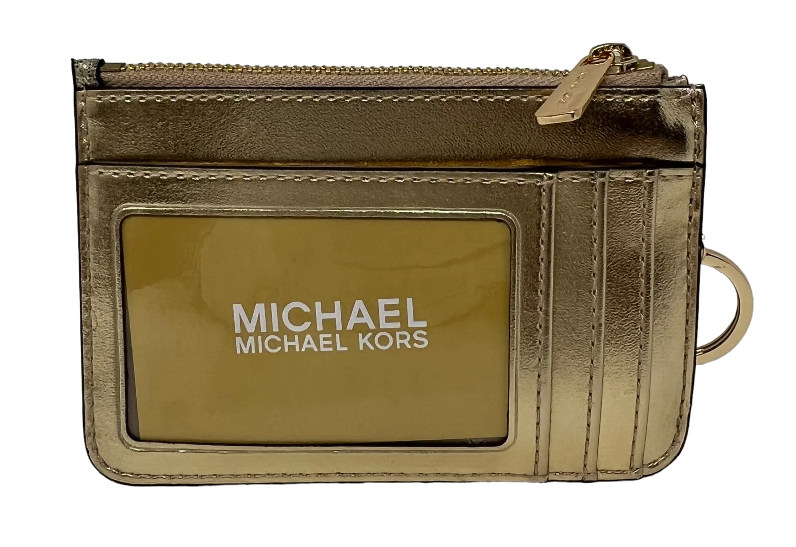 Michael Kors Jet Set Travel Zip Top Key Chain Coin Pouch Pale Gold Signature Logo
