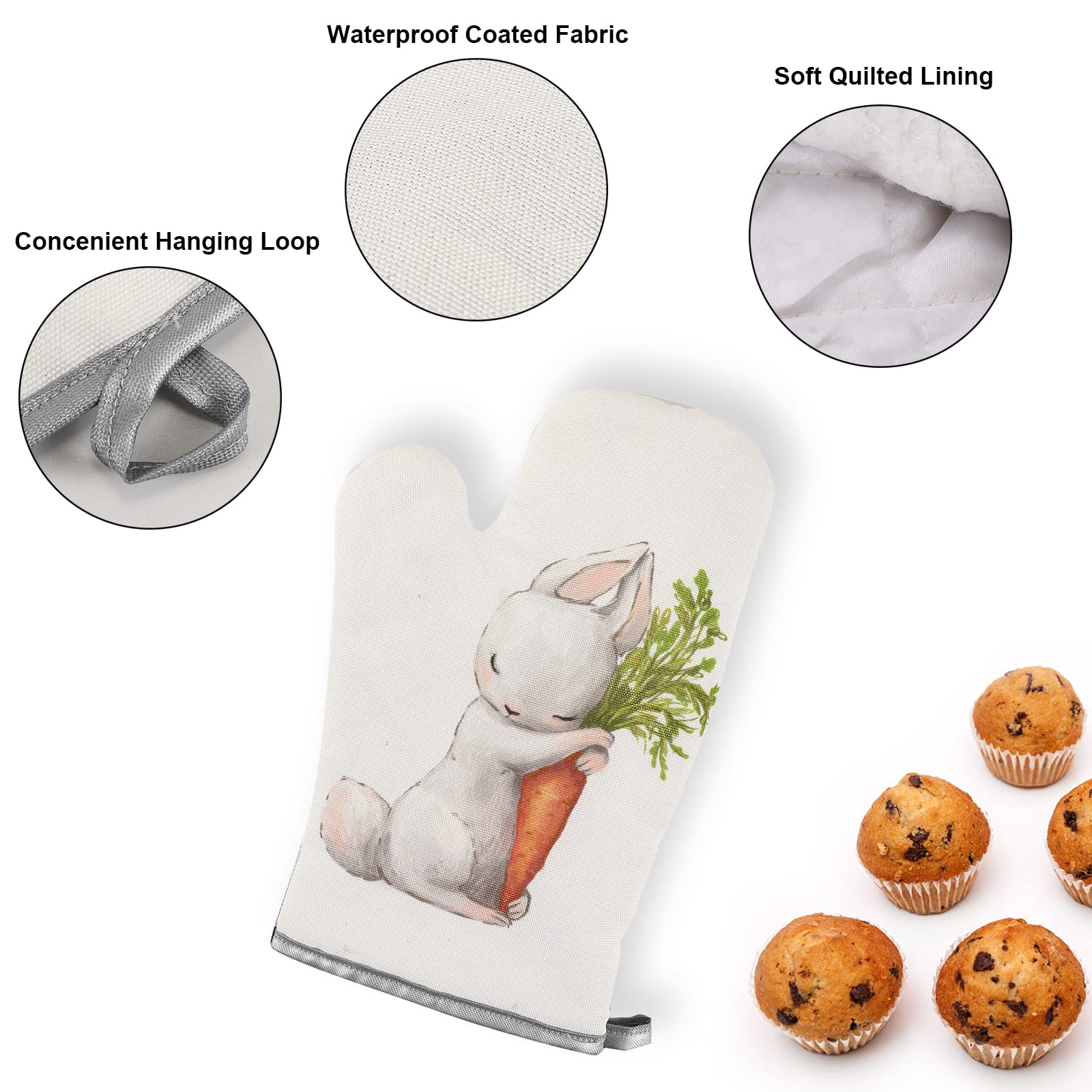 Kitchen Oven Mitts and Pot Holders Sets,Spring Cute Bunny Rabbit Print Oven Gloves and Potholders,Heat-Resistant Oven Gloves and Hot Pads for Cooking,Baking Grilling Spring/Summer.Gift Present