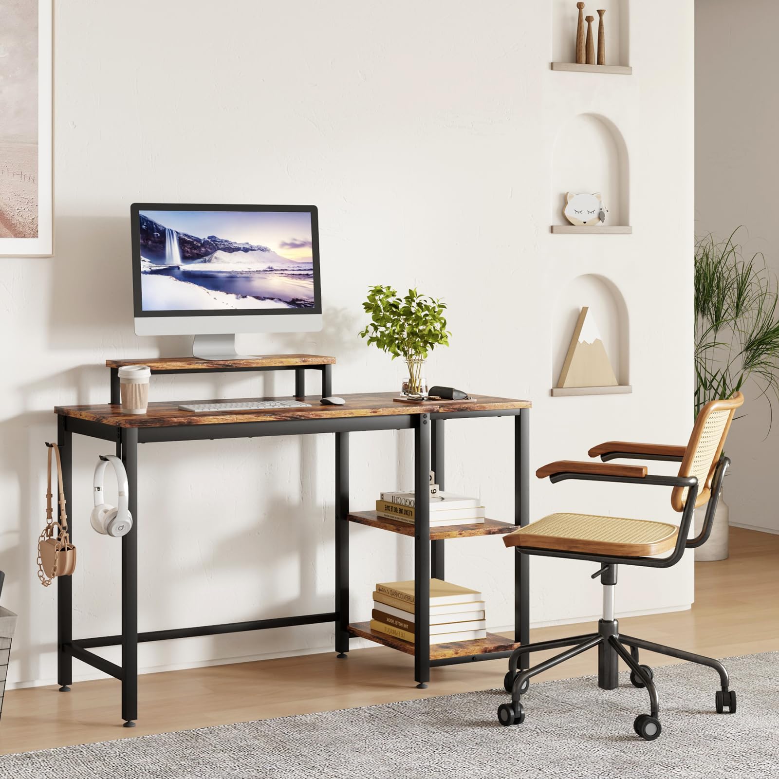 HEEYUE Computer Desk, Industrial Writing Desk with 2-Layer Storage Shelves and Headphone Hook, PC Laptop Table with Monitor Stand,Gaming Desk for Home Office (Rustic Brown)