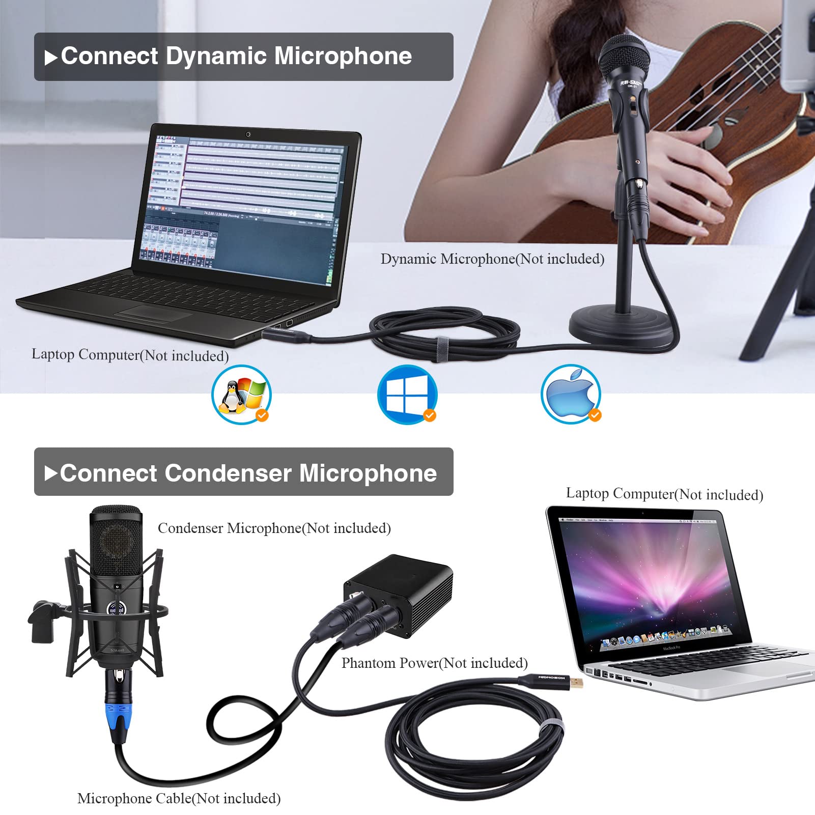 HOSONGIN USB Microphone Cable 10Ft, USB Male to XLR Female Mic Link Converter Cable Studio Audio Cable Connector Cords Adapter for Microphones or Recording