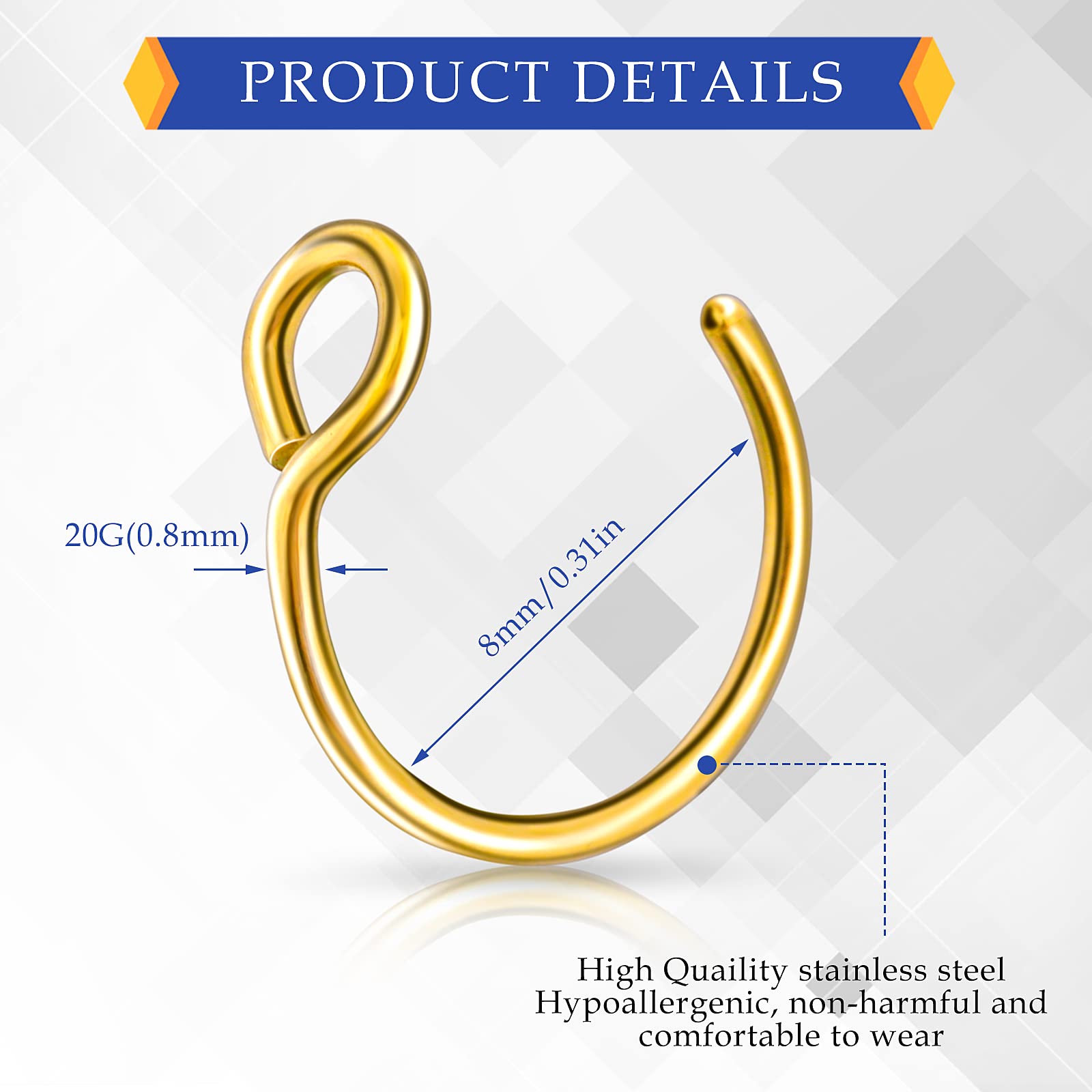 Lusofie 9Pcs Fake Nose Rings,Fake Nose Ring Hoop Stainless Steel Nose Hoop for Faux Lip Septum Nose Ring Set