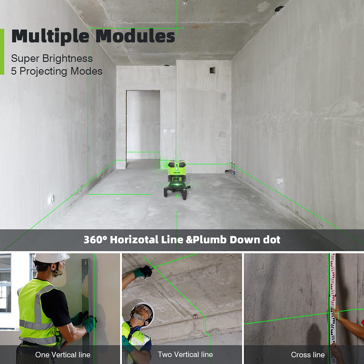 Huepar Multi-Line Laser Level-360° Floor Horizontal and Two Vertical Lines with Plumb Dot, Green Cross Line Self-leveling Laser Tool-Rotating Base, Lifting Base, Li-ion Battery&Hard Carry Case LS21G