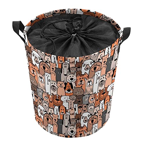 Many Dogs and Cats Laundry Basket Round Collapsible Storage Bin with Drawstring and Handle for Bedroom Bathroom Toys Room 17.3" X 13.8"