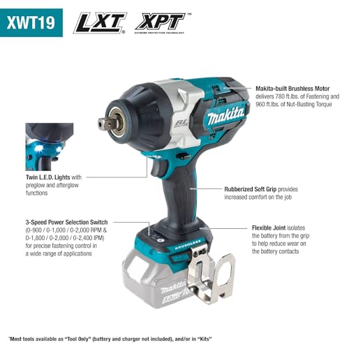 Makita XWT19Z 18V LXT® Lithium-Ion Brushless Cordless 3-Speed 1/2" Sq. Drive Impact Wrench w/Detent Anvil, Tool Only
