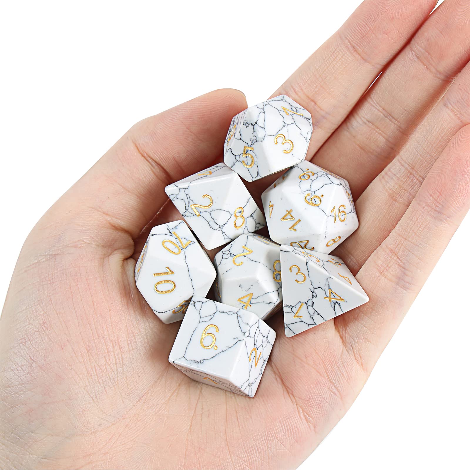 Natural Gemstone Dice Set DND, Full Set 7 Piece Glass D&D Dice with Portable Cloth Bag and Tablecloth for Dungeons and Dragons D&D(White Howlite Turquoise)