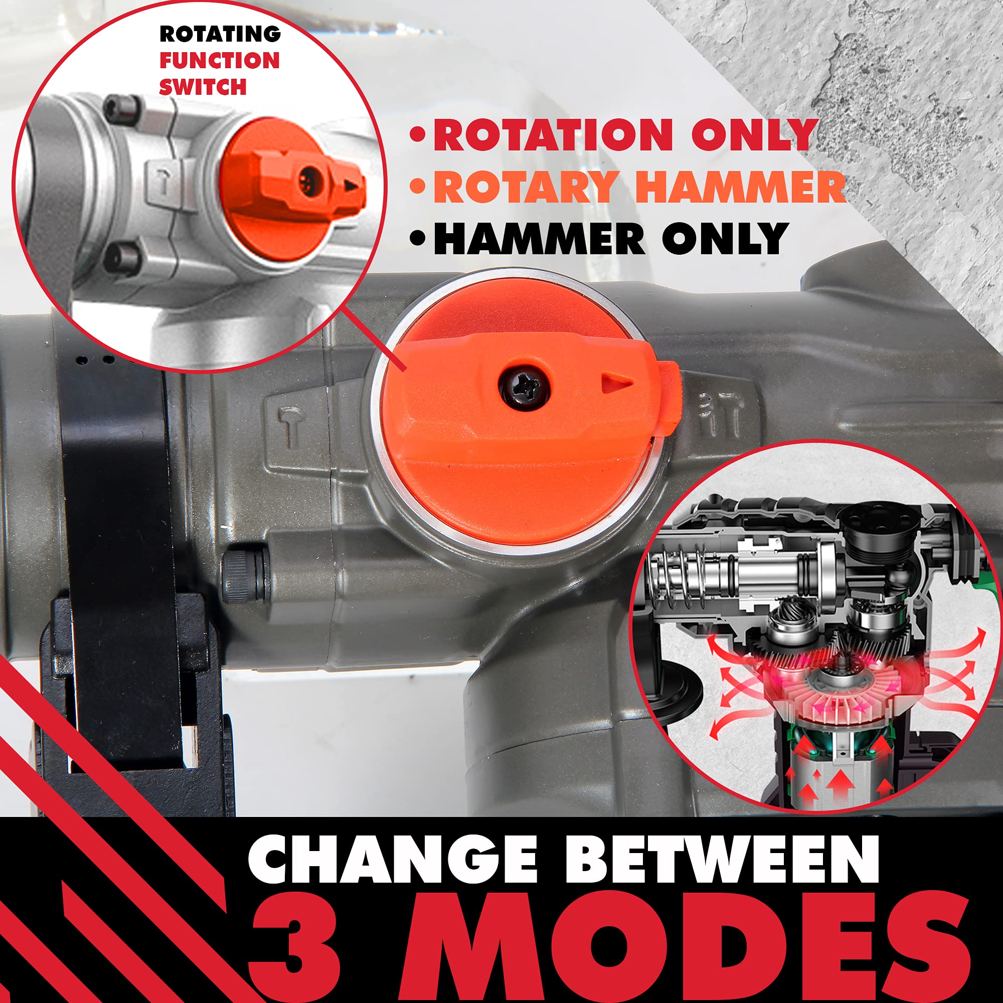 PTS Corded Rotary Hammer Drill 1”26mm 10Amp 110V Combination Rotary Hammer | SDS Plus | 3 Modes | 2x Brushes, Oil Cap Wrench, Grease, 3x Drills, 2x Chisels‚ and Case Set