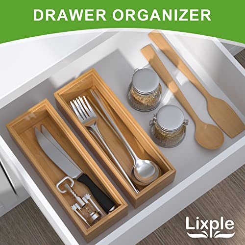 Lixple Bamboo Drawer Organizer - Set of 2, Stackable Storage Box, Silverware Tray for Drawer, Small Gadgets Holder 9β x 3β x 2β