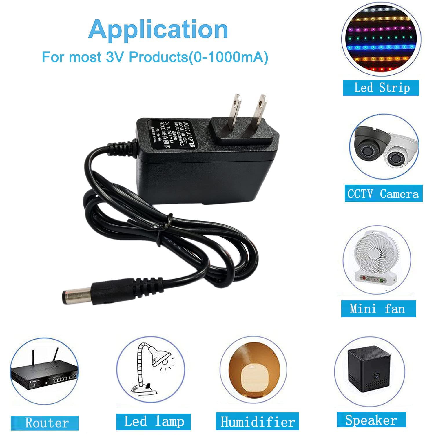 MTYTOT 2PCS 3V 1Amp Power Adapter Supply 100-240 AC to DC 3Volt 1000mA 0.8A 450mA 2.5mm X 5.5mm TIP Transformer Adapter for LED Lights Tabletop Fountain, Replacement 2AA's in Small Devices
