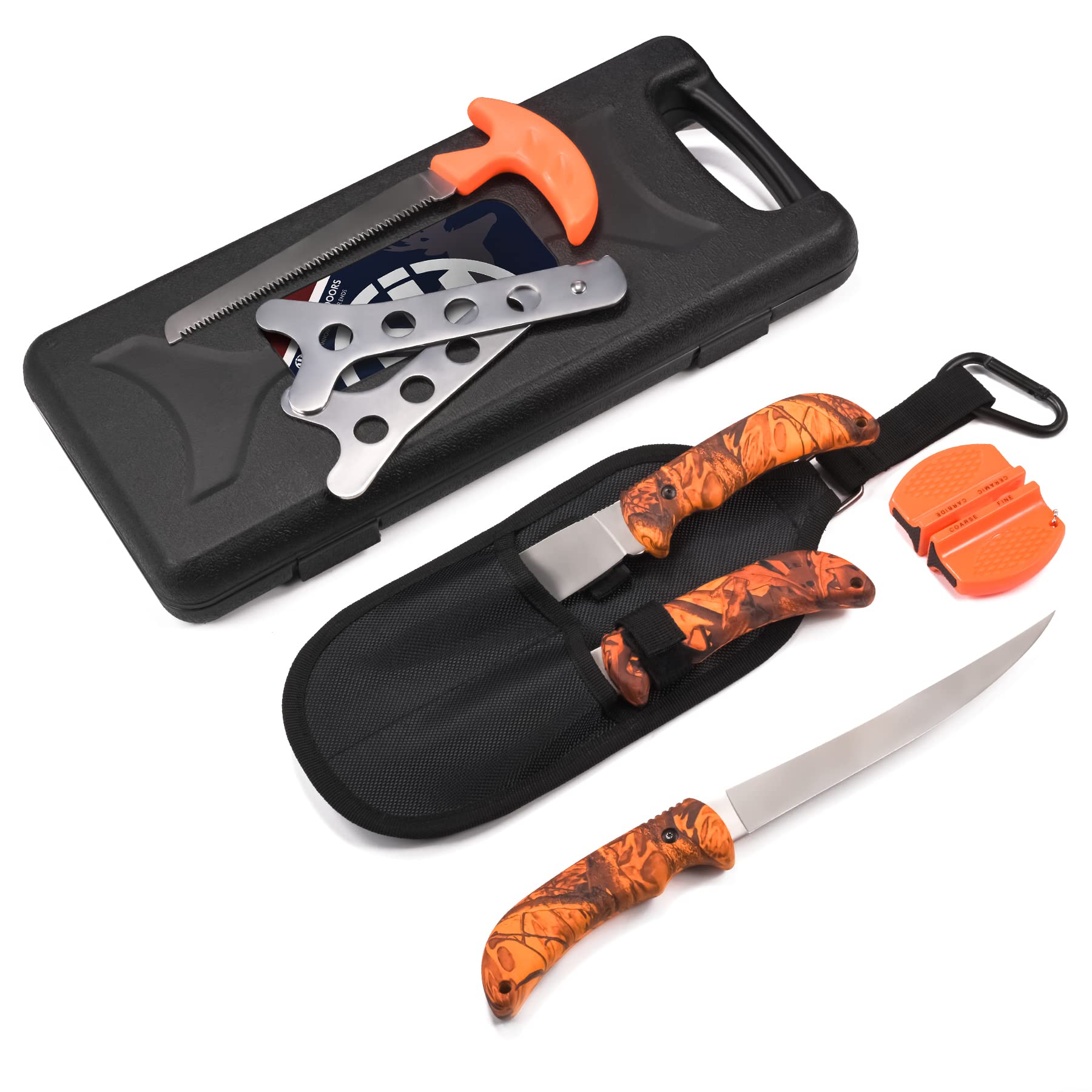 KNINE OUTDOORS Hunting Field Dressing Kit Deer Processing Knife Set Red Maple Camo Handle Portable Game Processor Set with Nylon Belt Sheath, 8 Pieces