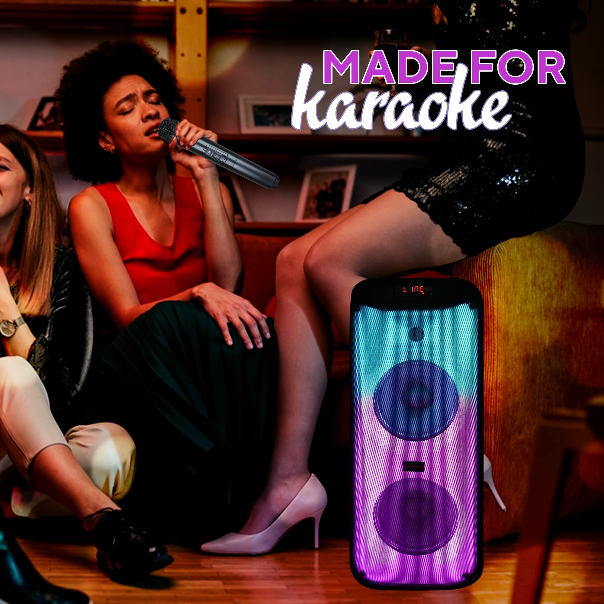 High Power Bass Portable Wireless Bluetooth Studio Dj Party Concert Speaker's - Colorful Liquid Motion Light Changing Rechargeable Waterproof Outdoor Loud Speaker (Ultra Dual 8'' Speaker w (1) Mic)