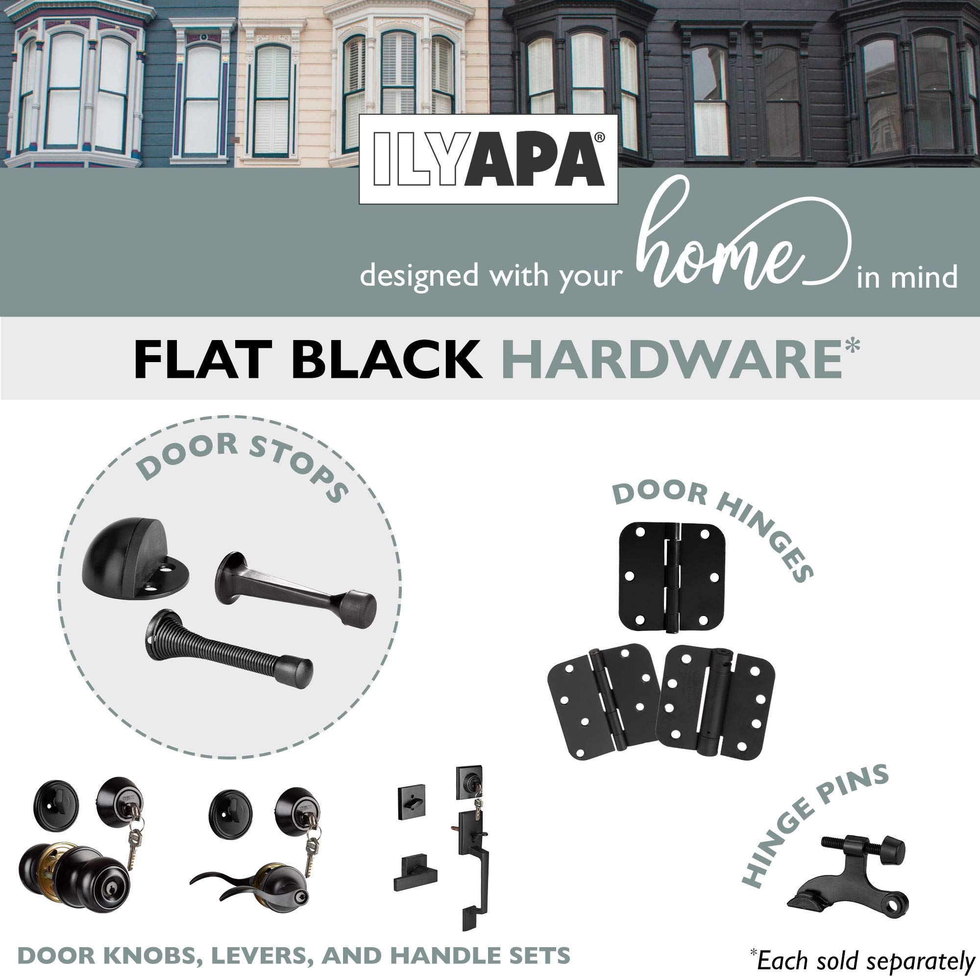 Ilyapa 6 Pack Matte Black Hinge Pin Door Stops - Heavy Duty Adjustable Stopper 2-1/2" x 1-3/4โ, Door Stopper Wall Protector with Black Rubber Bumper Tips, Hinge Door Stop, Hinge Pin Door Stop 6 Pack