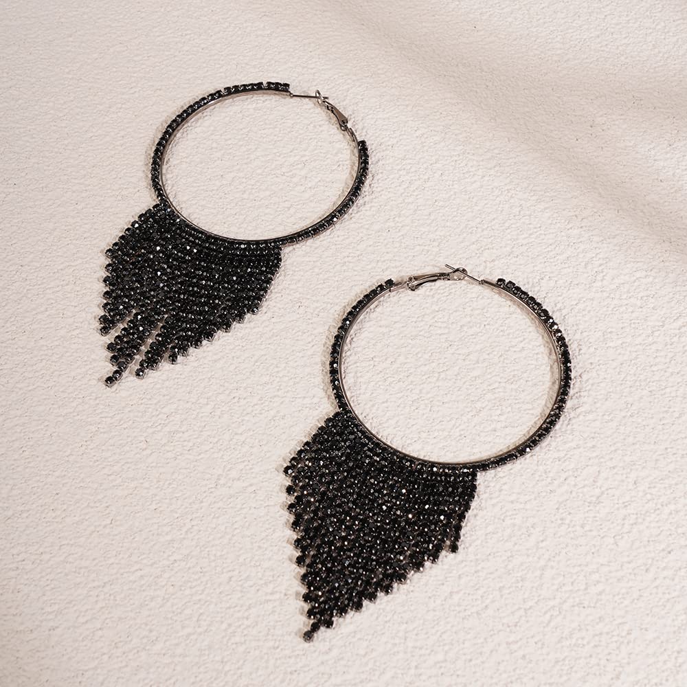 JWICOS Large Rhinestone Round Hoop Earrings for Women Long Chandelier Tassel Dangle Earrings for Party Gift Wedding (Black)