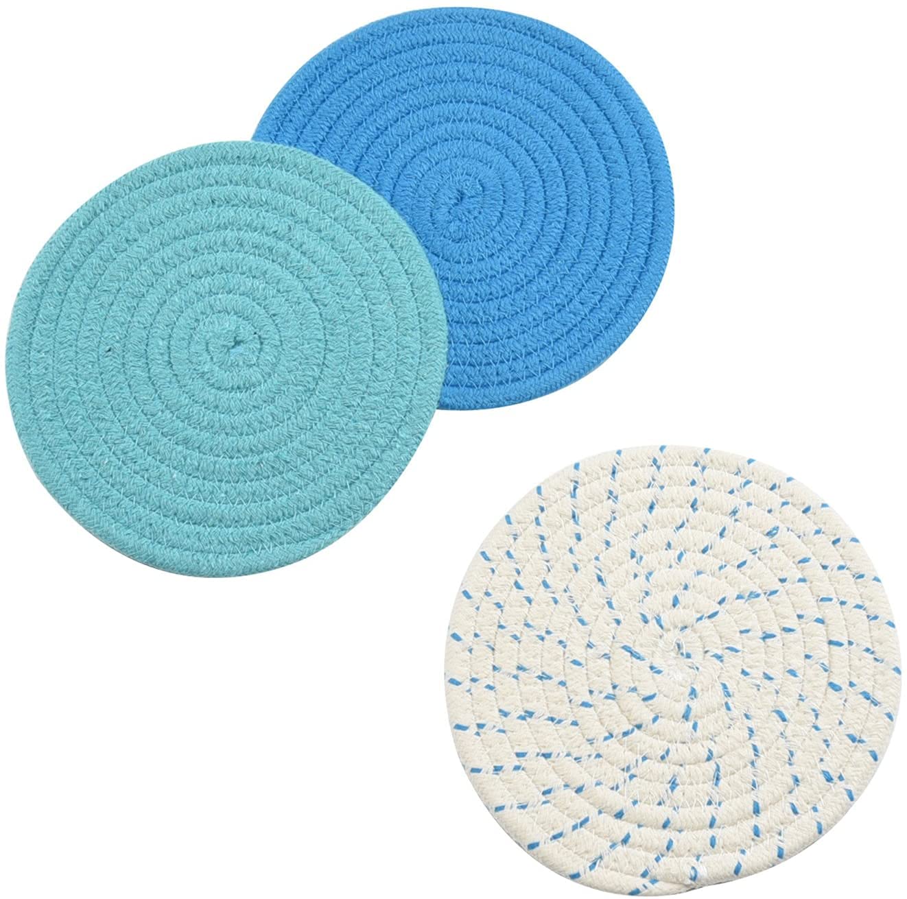 Kitchen Pot Holders Set Trivets Set 100% Pure Cotton Thread Weave Hot Pot Holders Set (Set of 3) Stylish Coasters, Hot Pads, Hot Mats, Spoon Rest for Cooking and Baking by Diameter 7 Inches (Blue)