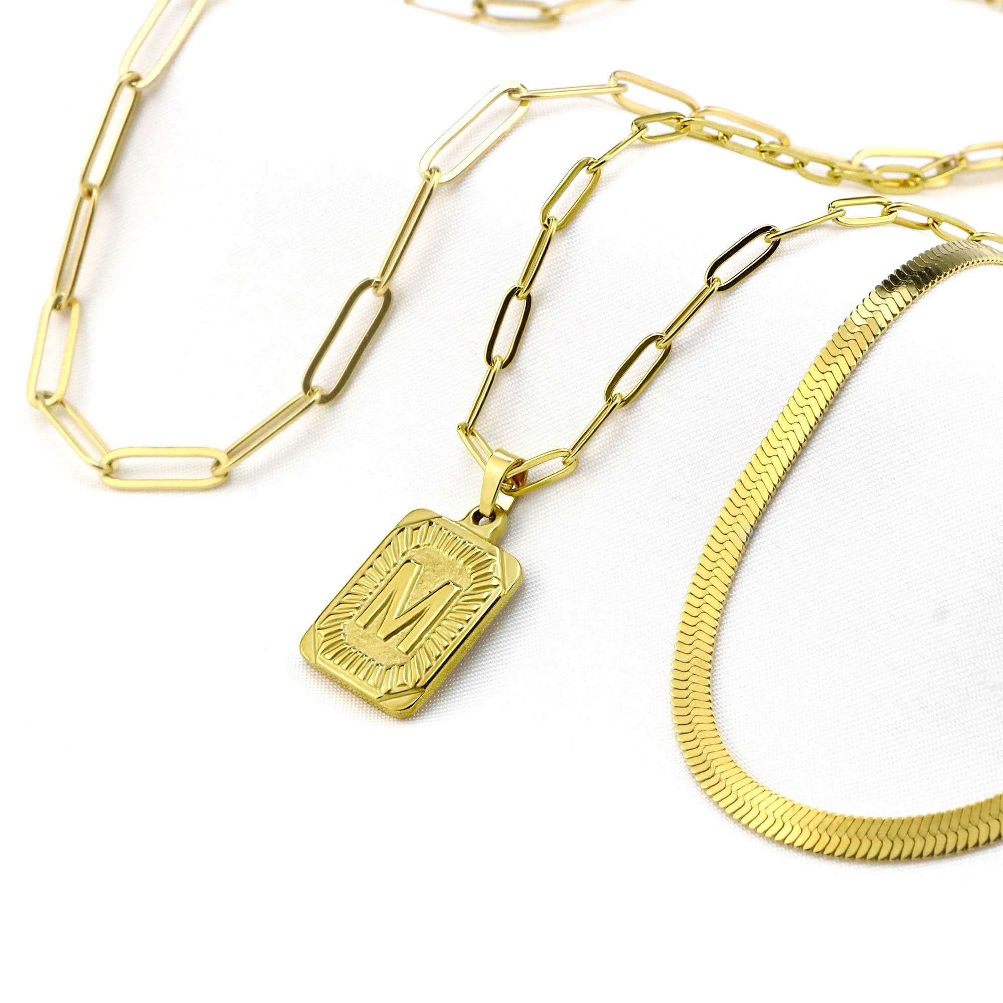 JoycuFF Layered Necklaces for Women, Initial 18K Gold Plated Paperclip Necklaces Herringbone Chain Simple Cute Letter Pendent Gold Initial Necklaces A