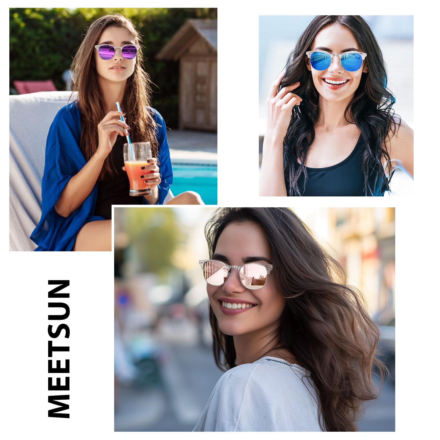 MEETSUN Retro Semi Rimless Polarized Sunglasses for Women Men Trendy Mirror Lens Driving Sun Glasses 3 Pack Black Brown Pink