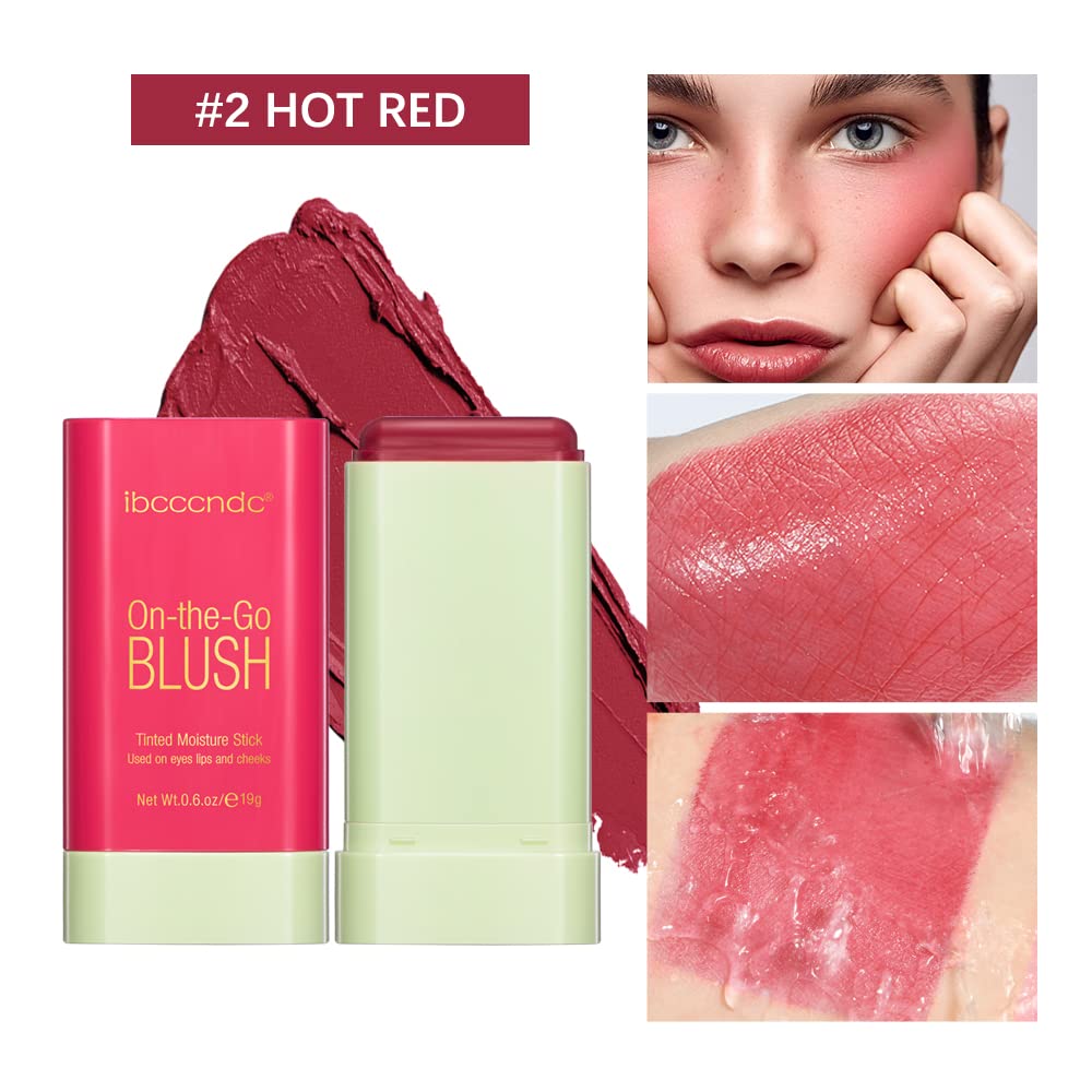 Ibcccndc Cream Blush Stick - Multi-Use Makeup Stick for Cheeks and Lips with Hydrating Formula, 2-in-1 Beauty Blush Stick with Soft Cream, On-the-Go Blendability (hot red)