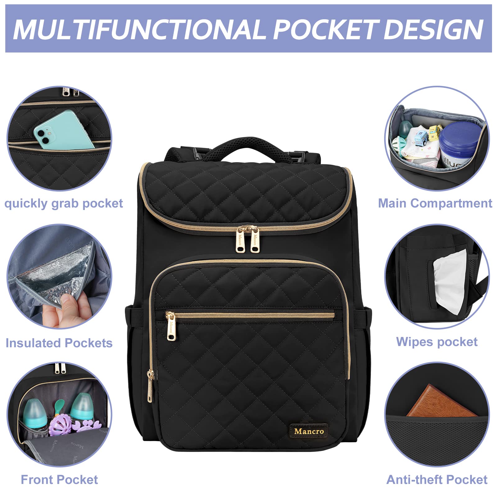 Mancro Diaper Bag Backpack, Multipurpose Travel Diaper Backpack with Stroller Strap and 2 Insulated Pockets, Waterproof Baby Backpack Diaper Bag for Mom and Dad, Black