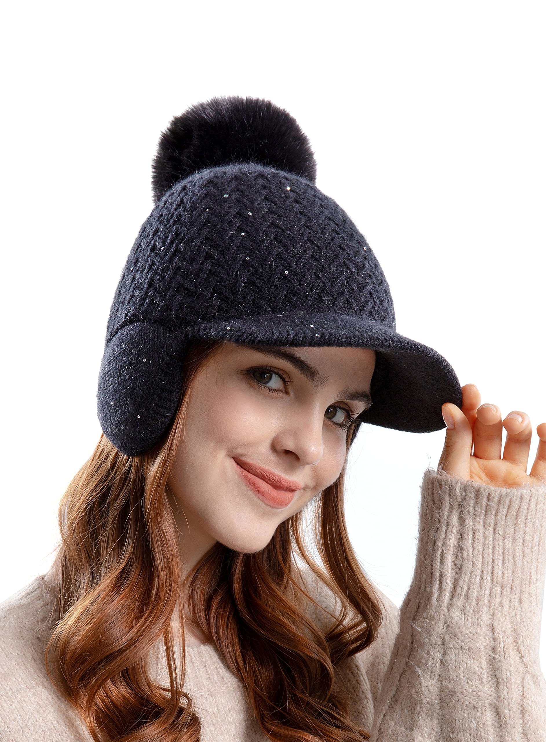 Koreshion Women Winter Beanie Hat with Faux Fur Pom Warm Earflap Sequins Knit Hat with Brim Black
